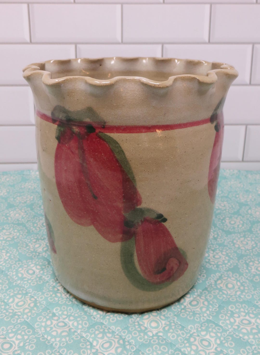 Signed Janet Pashin Studio Pottery Tan Red Ruffled Edge Crock, Utensil ...