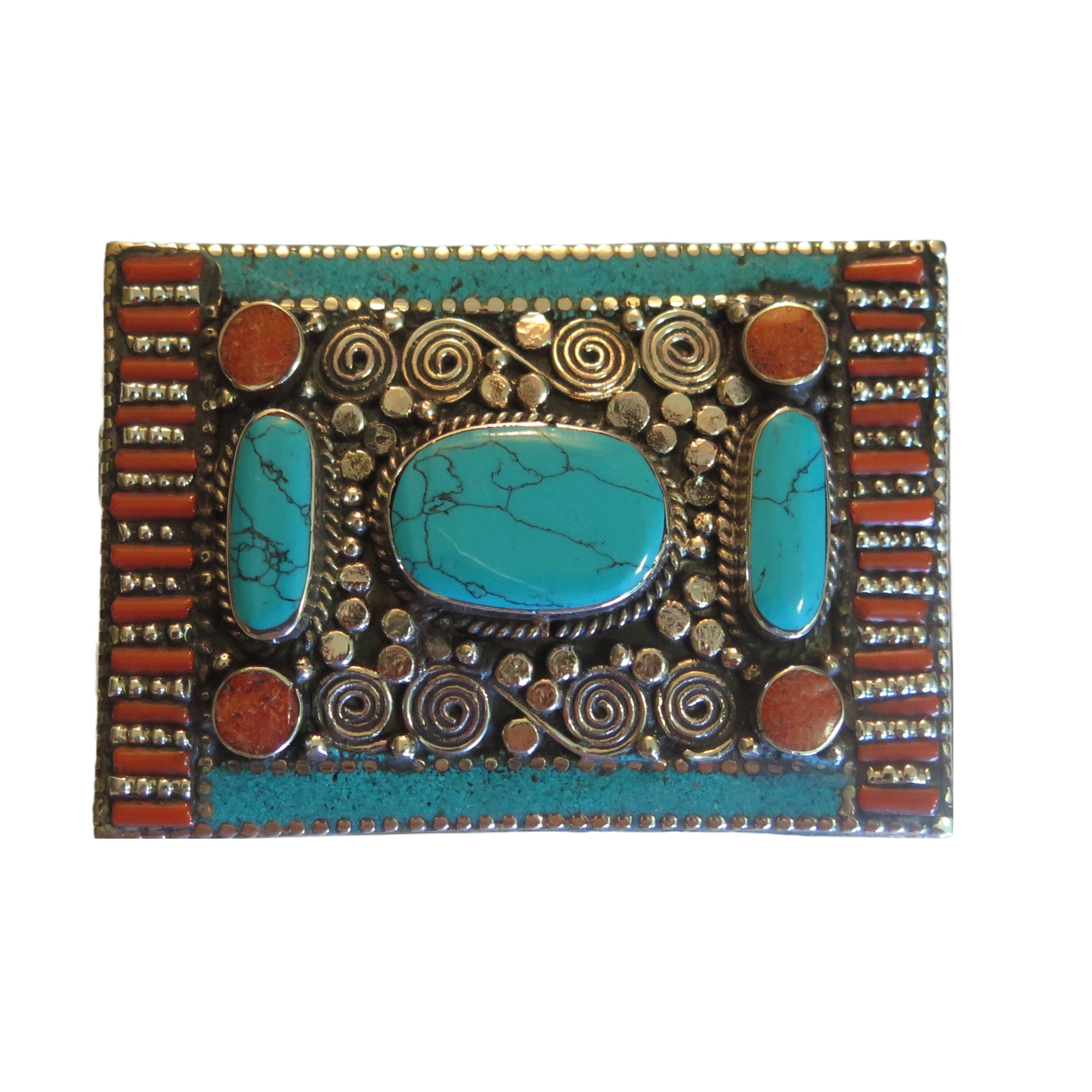 Belt Buckle Rectangle Inlaid Stones Turquoise + Coral Tibetan Silver 1 ...