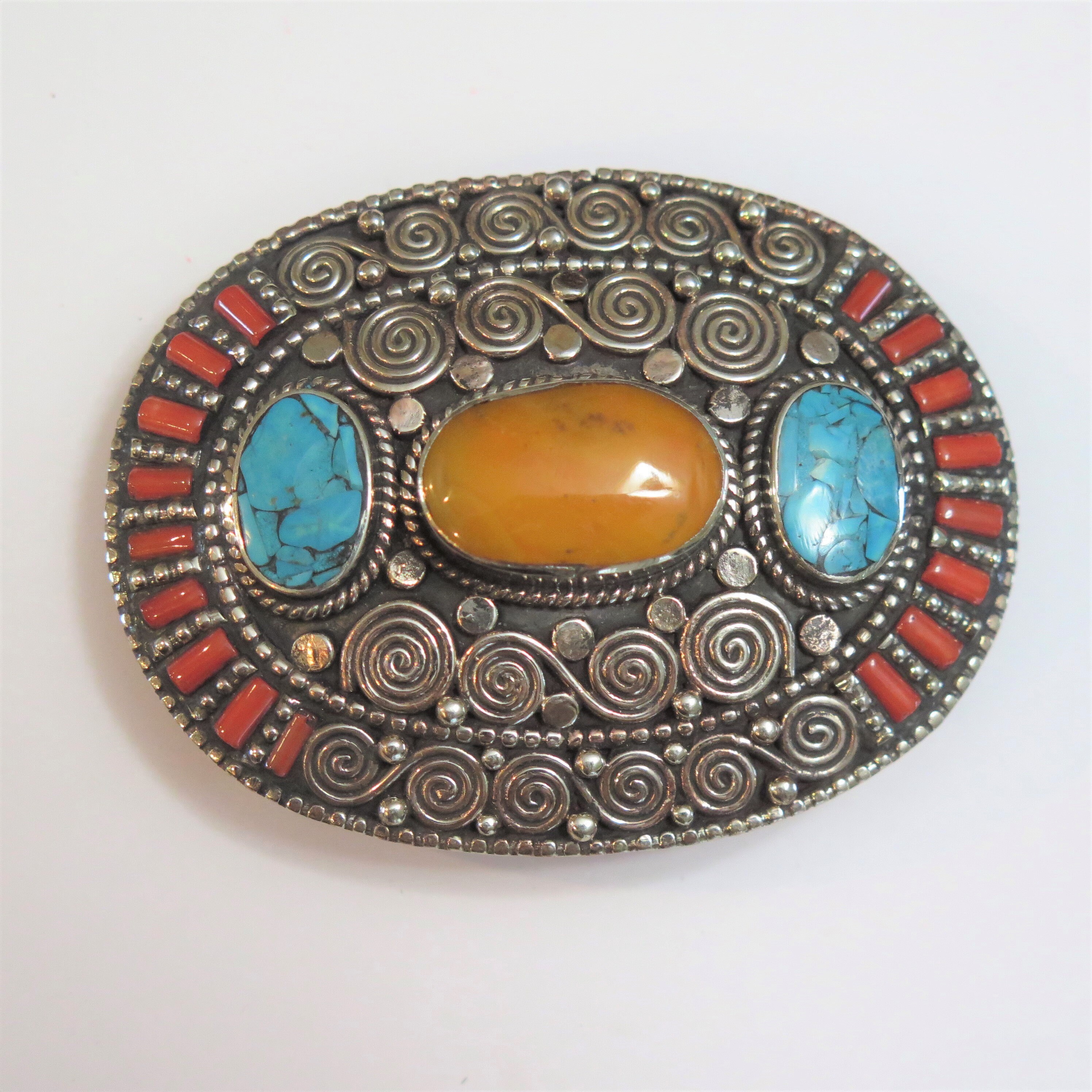 Belt Buckle Oval Inlaid Stones Amber Coral Turquoise Tibetan Silver 1 1 ...