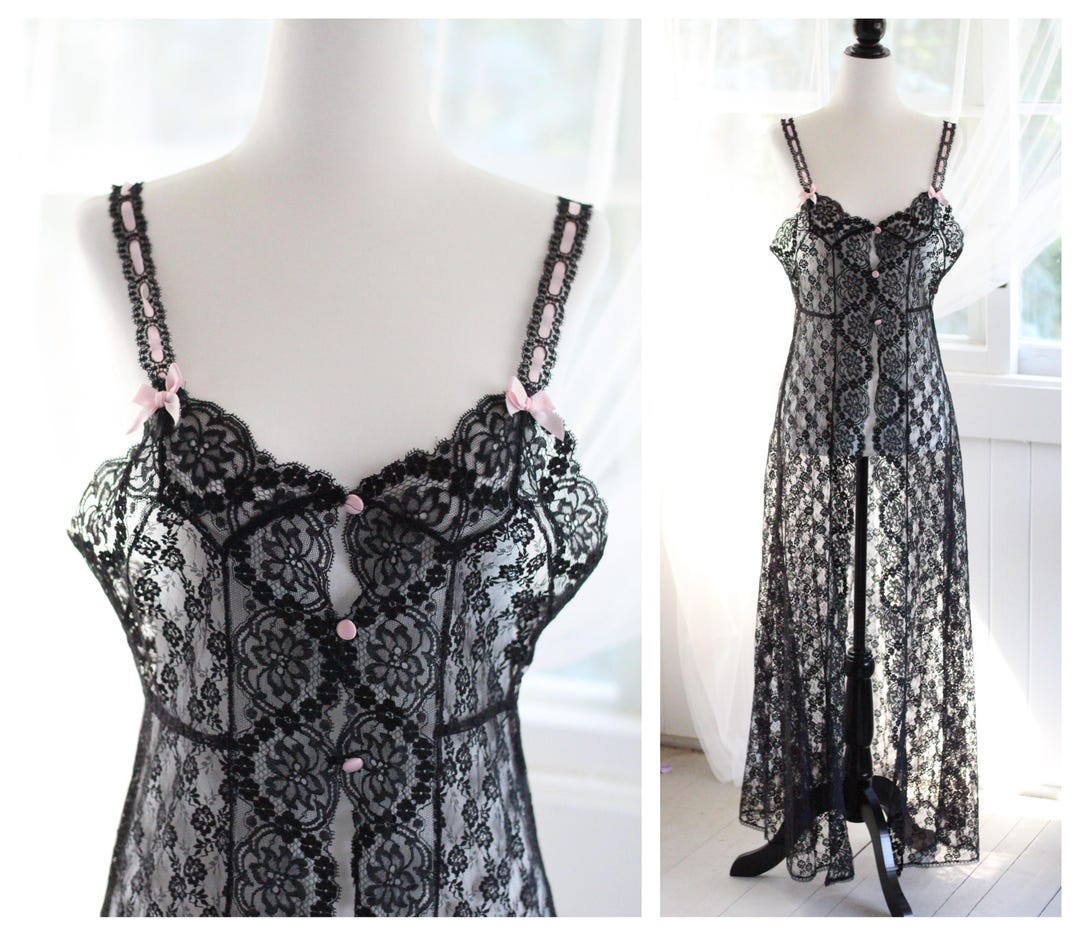 1950s Black Lace Button Front Nightgown / Long Maxi Old Hollywood ...