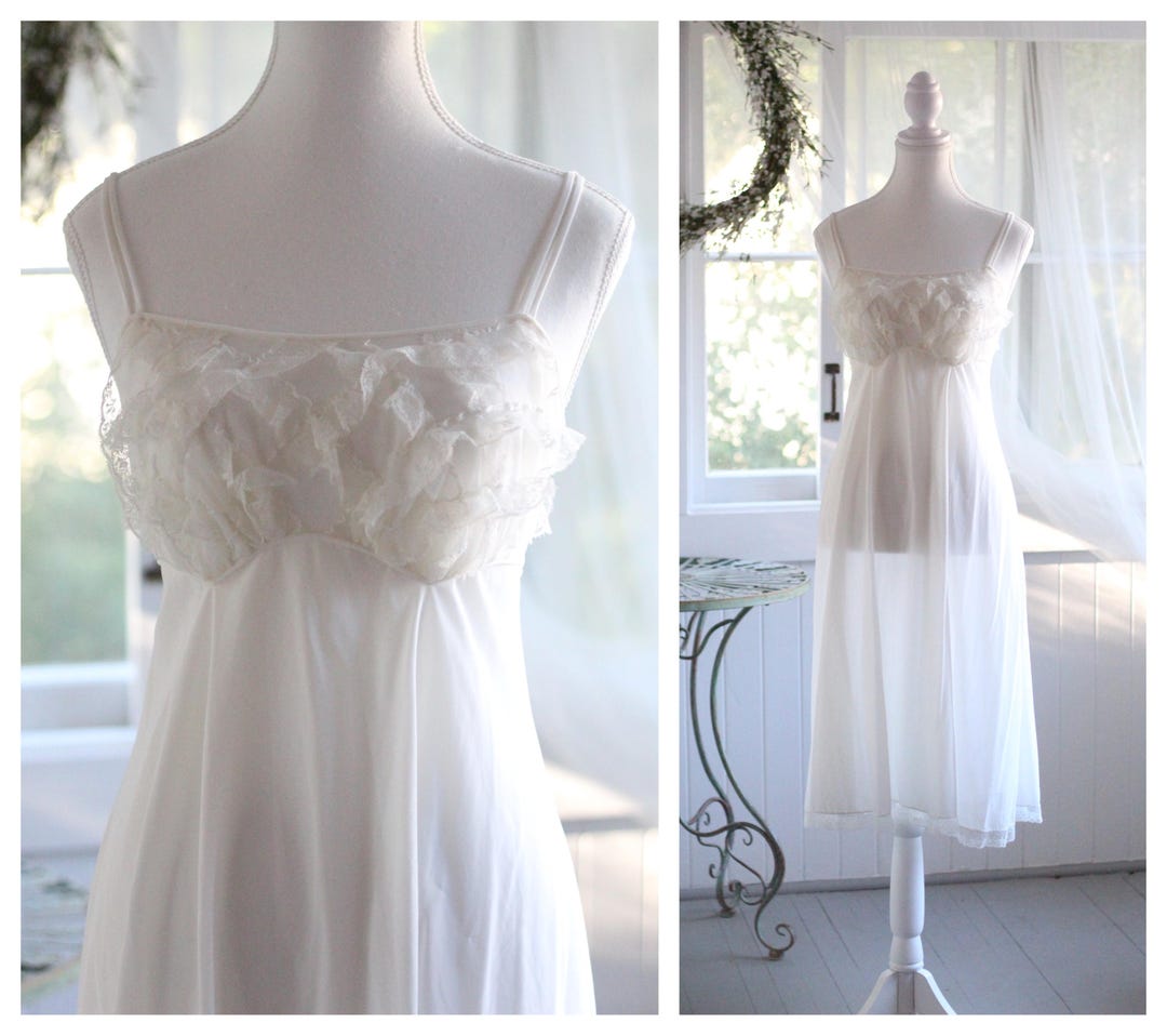 1950s Soft White Lace Crisscross Ruffle Bodice Empire Waist Nightgown ...