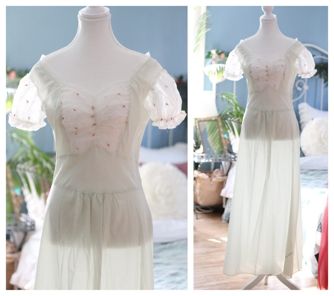 1940s 1950s Eyeful Soft Green & White Embroidered Princess Nightgown ...