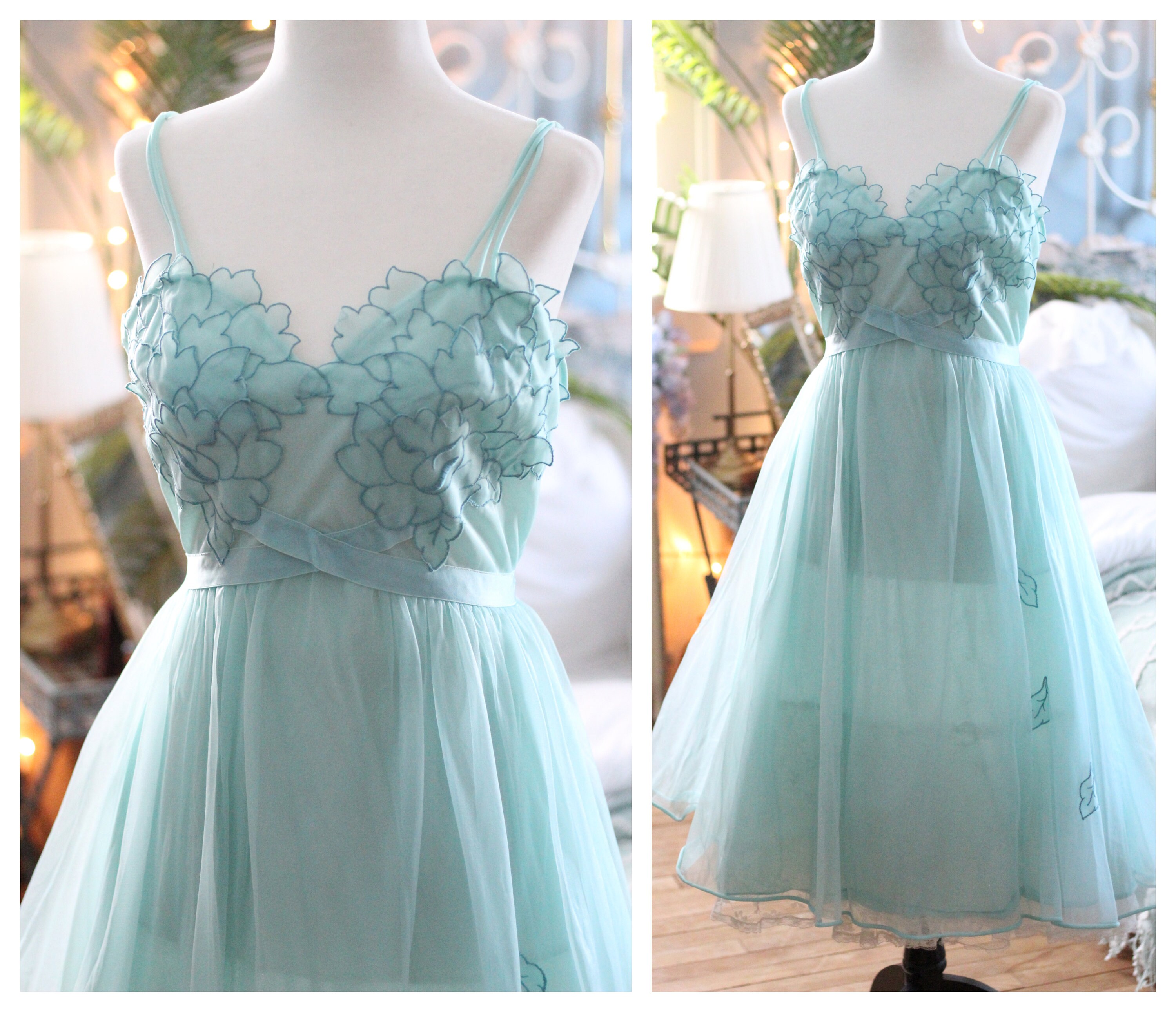 1950s Robin's Egg Blue Floral Grecian Babydoll Peignoir Set / Lingerie ...