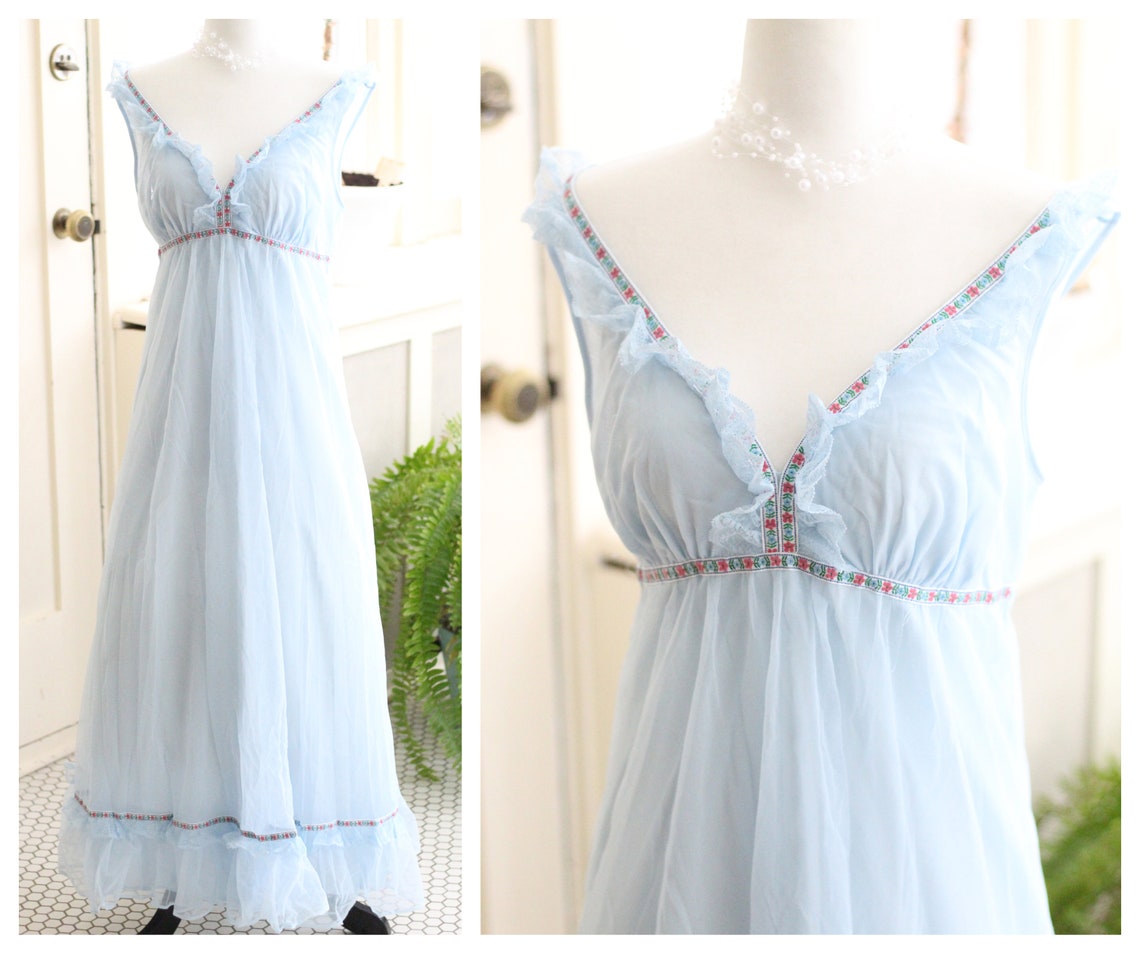 1960s Soft Sky Blue Milkmaid Nightgown / Deep V Empire Waistline ...