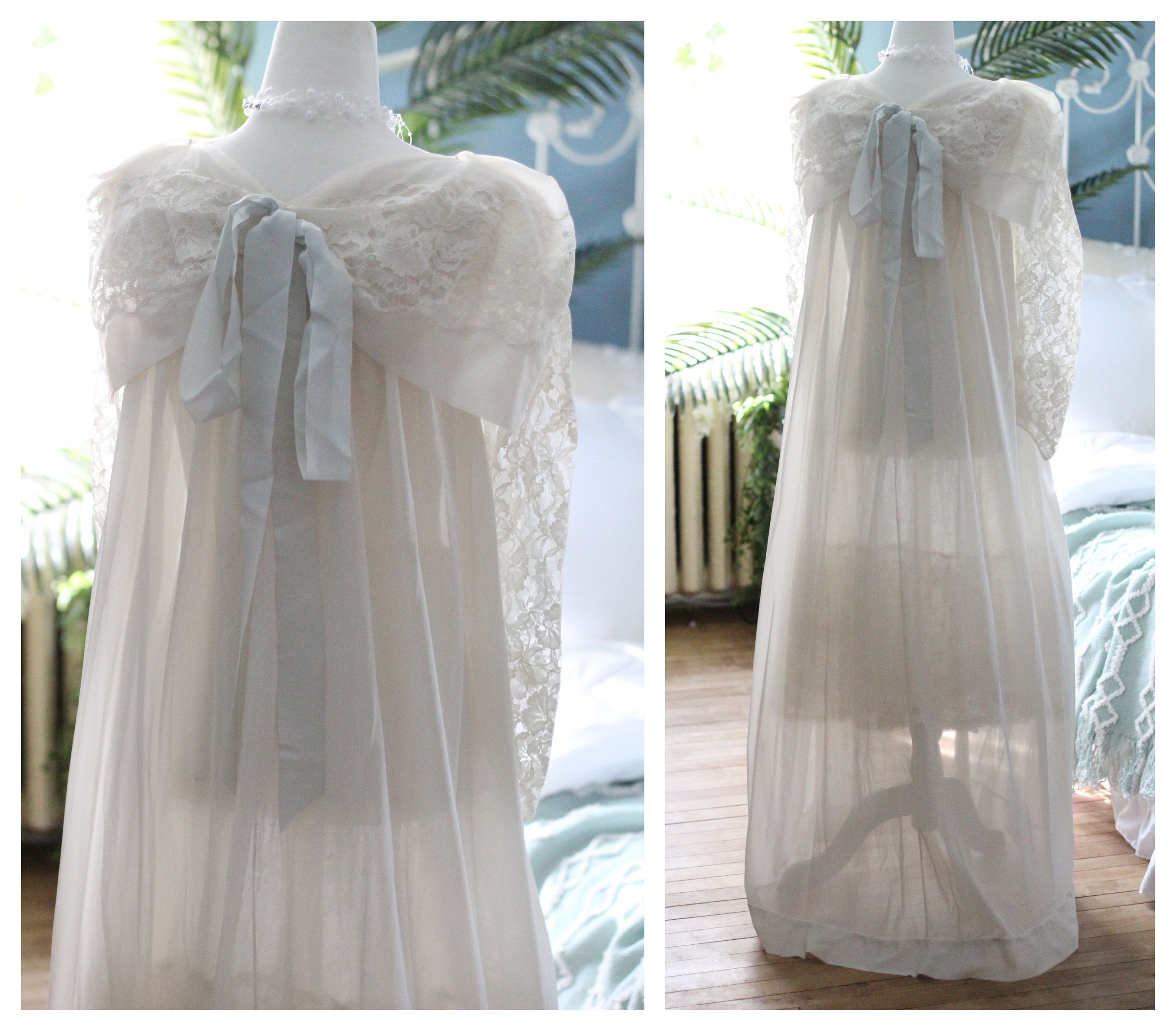 1950s White Bow Eyeful Peignoir Robe / Long Sleeve Princess Nightgown ...