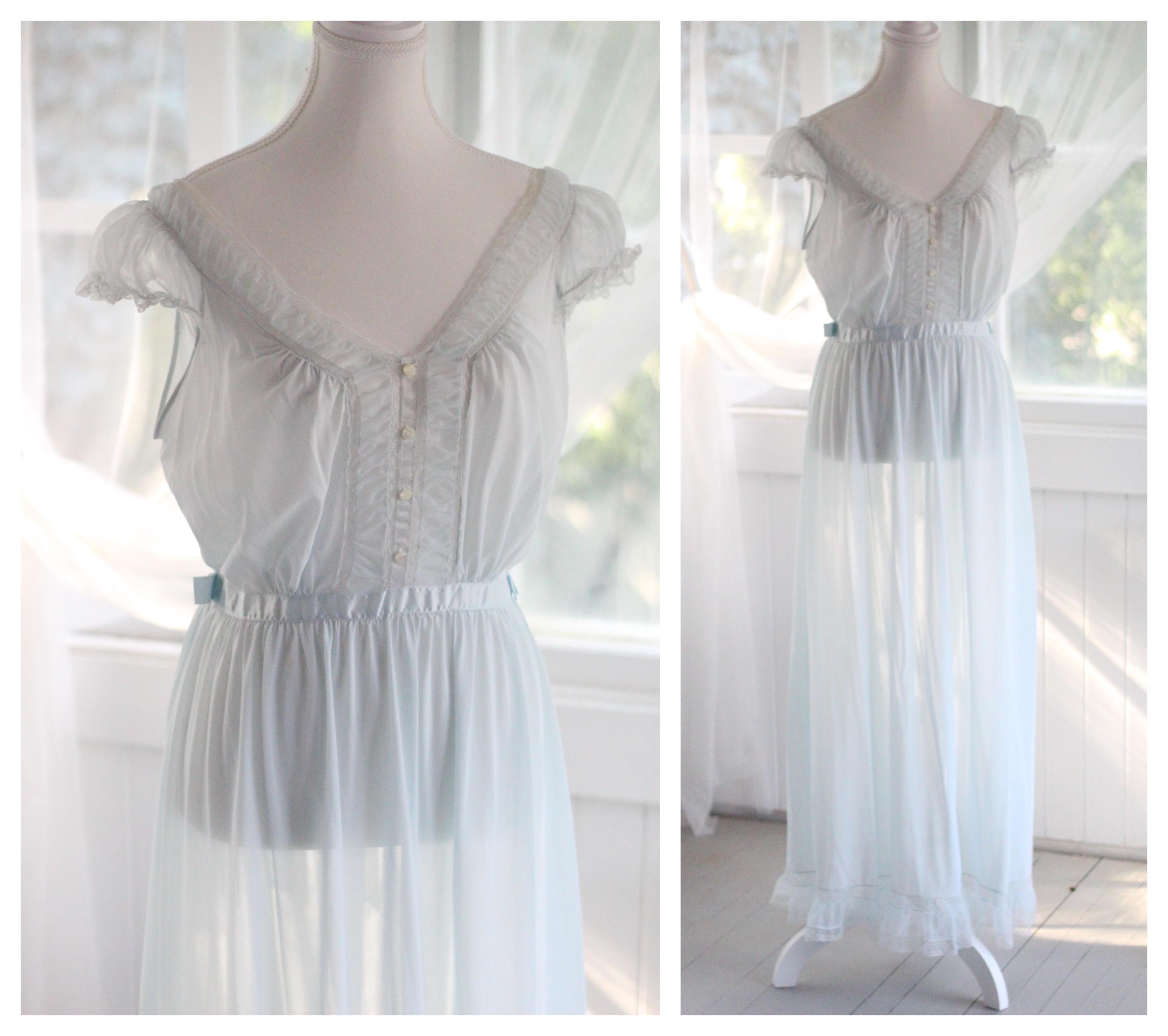 1950s Soft Cinderella Blue Cap Sleeve Princess Nightgown / a Line Tie ...