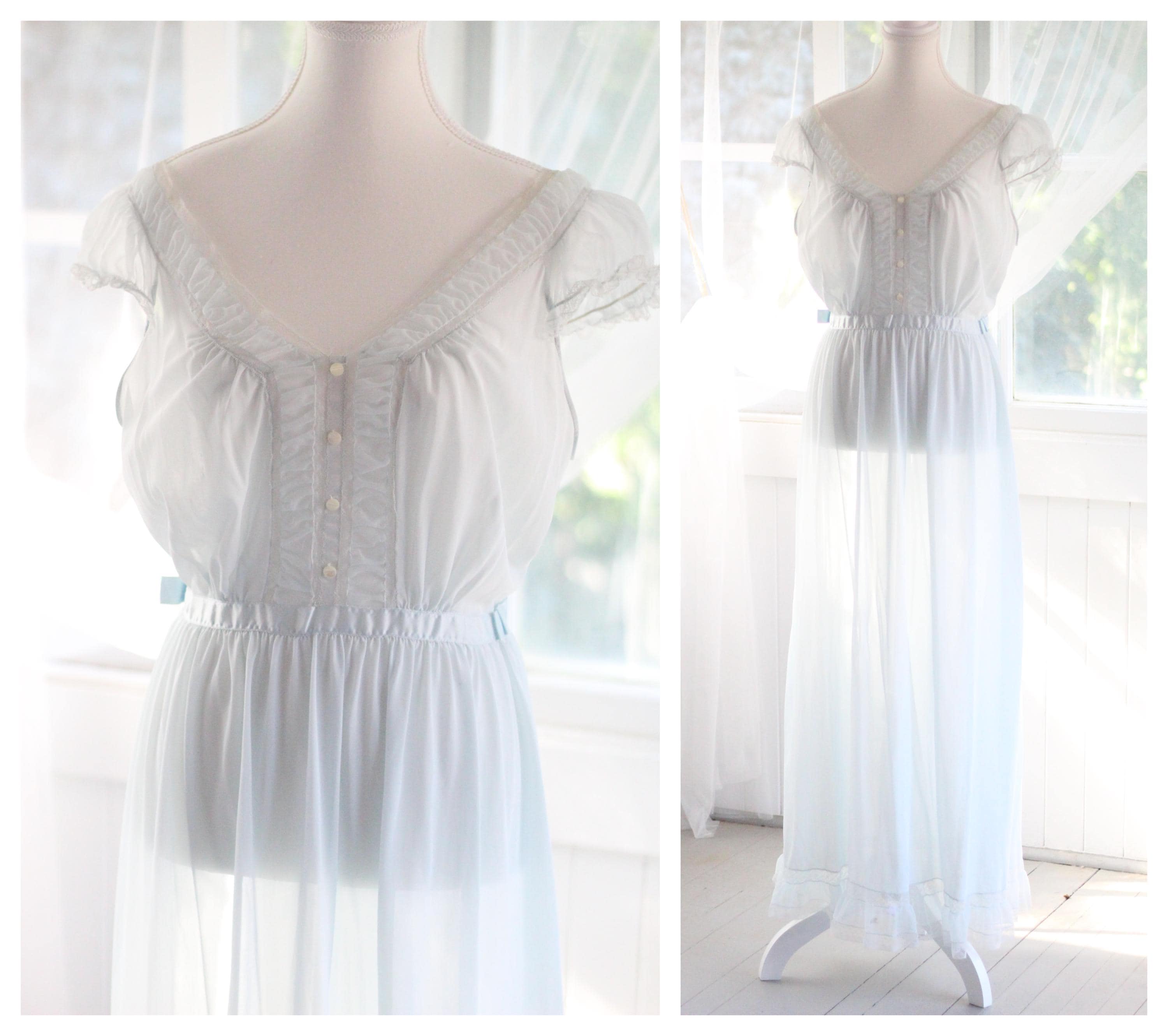 1950s Soft Cinderella Blue Cap Sleeve Princess Nightgown / a Line Tie ...