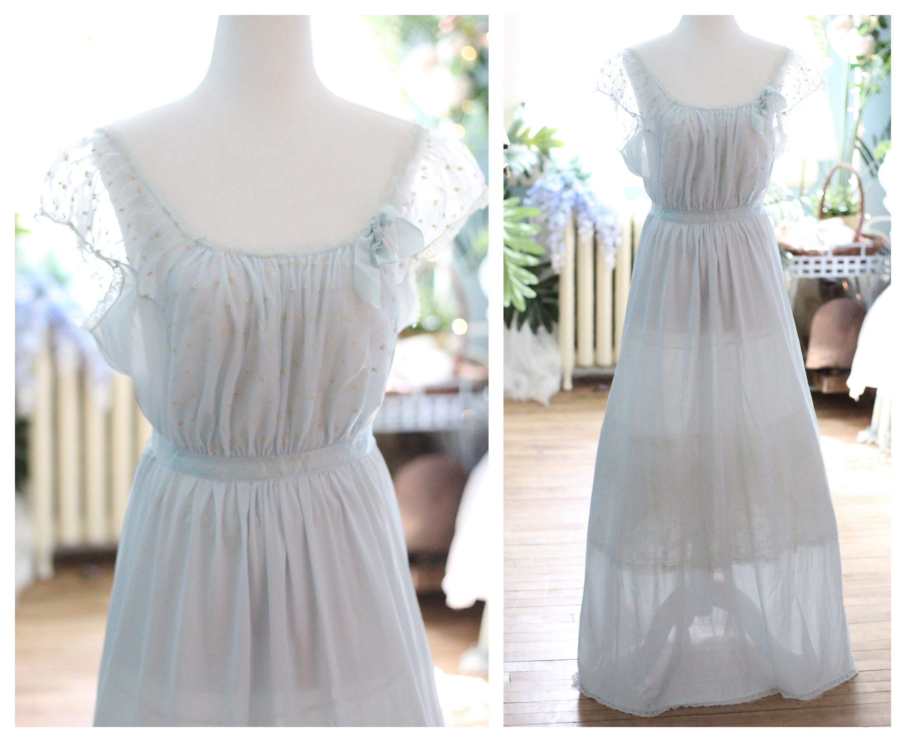 1960s Cinderella Blue Semi Sheer Nightgown / Princess Lingerie Dress ...