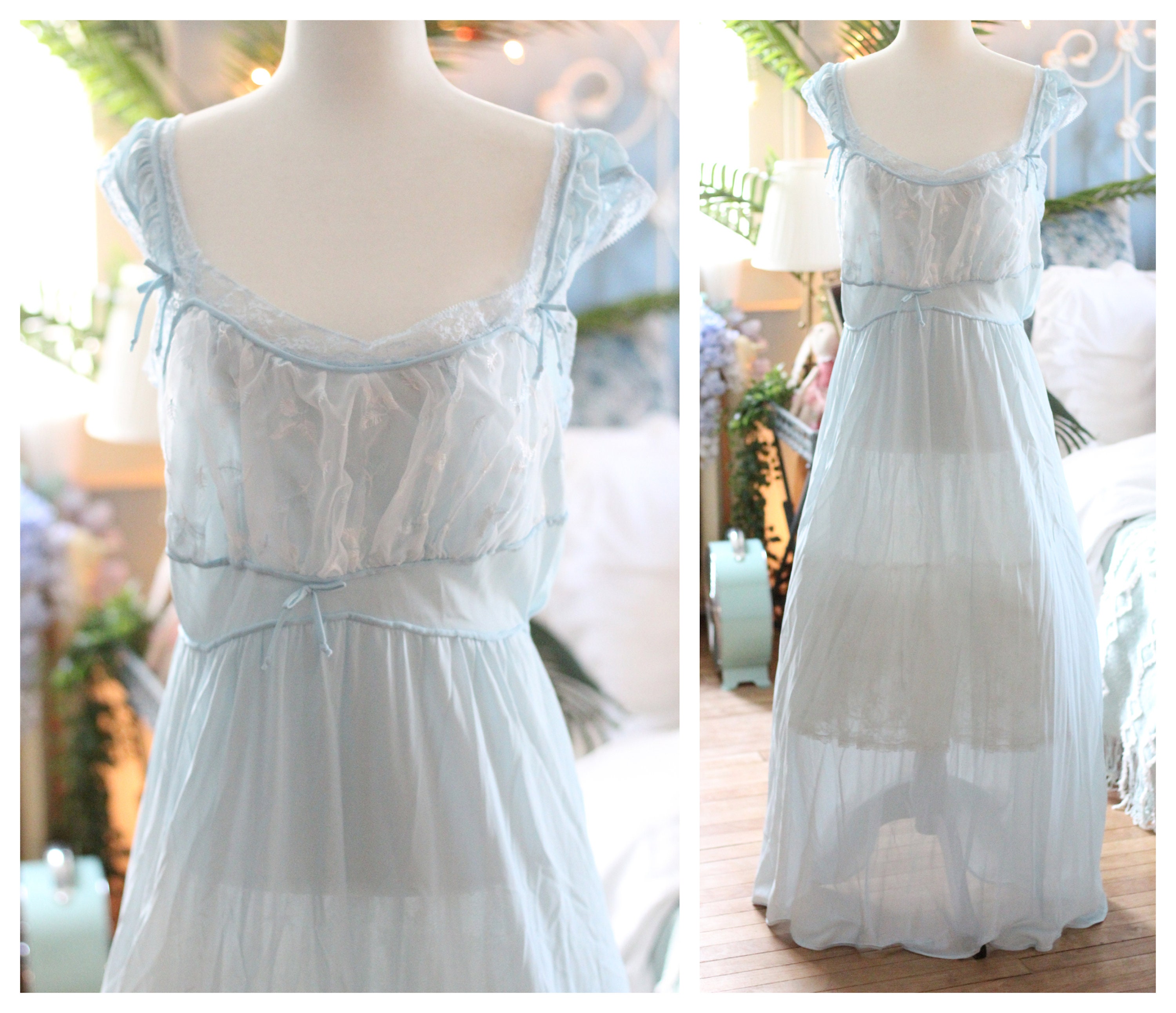 1960s Soft Cinderella Blue Floral Nightgown / Cap Sleeve Empire Waist ...