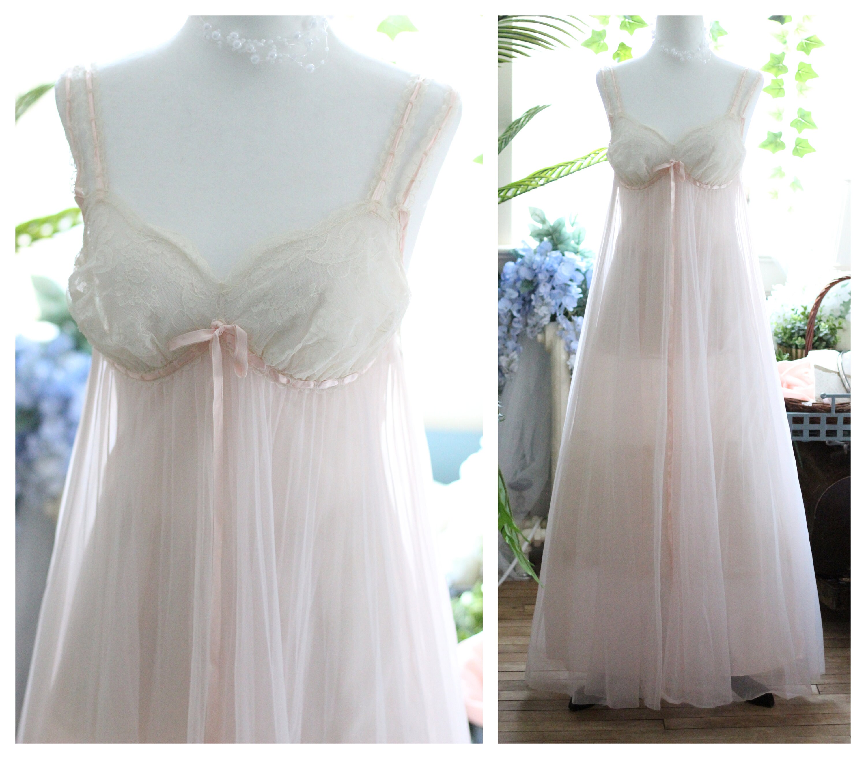1960s Pink & Ecru Sweeping Length Bustier Babydoll Nightgown / Empire ...