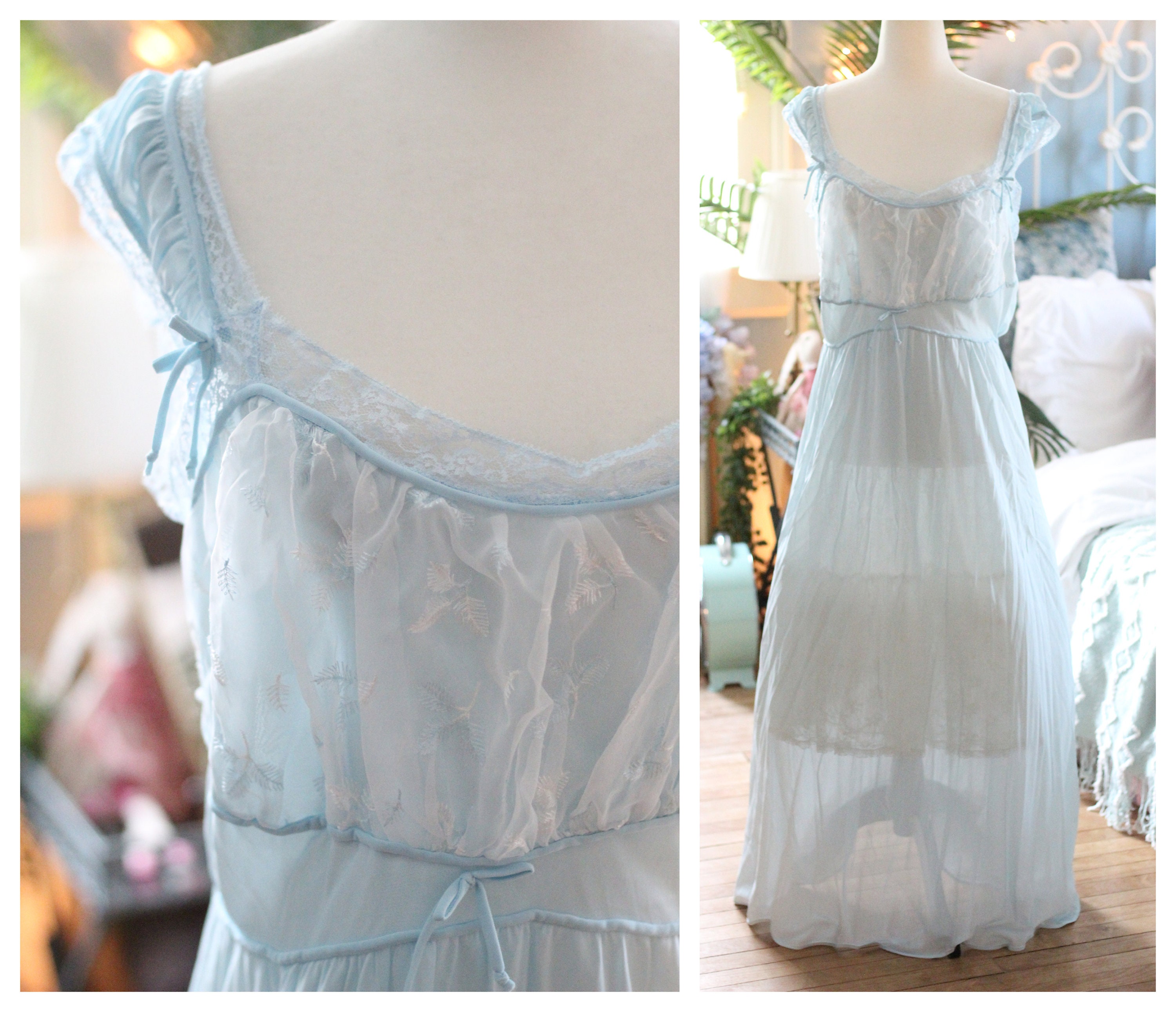 1960s Soft Cinderella Blue Floral Nightgown / Cap Sleeve Empire Waist ...