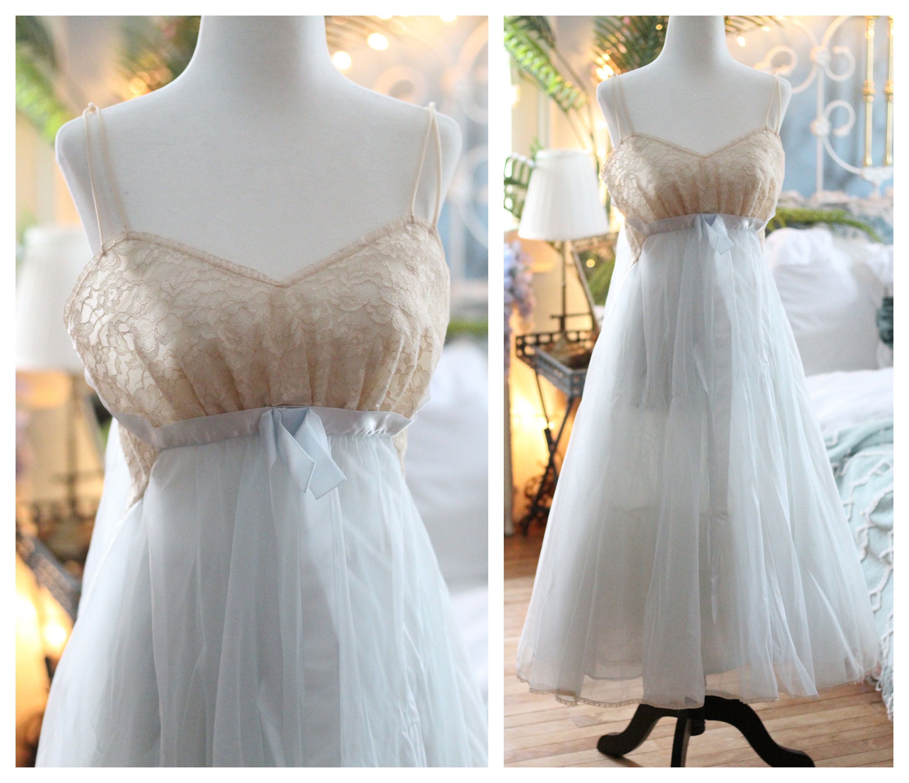 1950s Blue & Ecru Shelf Bodice Babydoll Nightgown / Nightie Dress ...