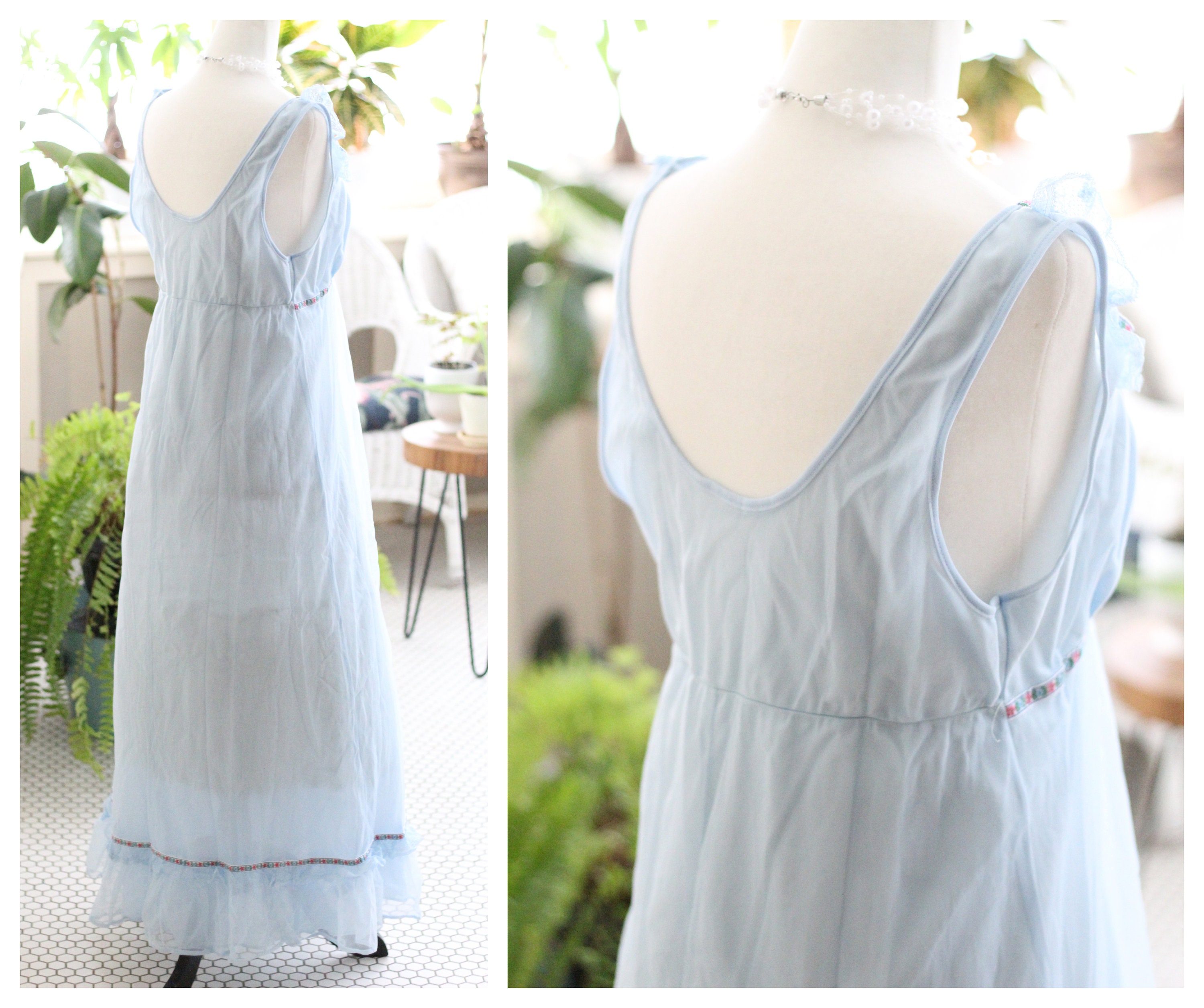1960s Soft Sky Blue Milkmaid Nightgown / Deep V Empire Waistline ...