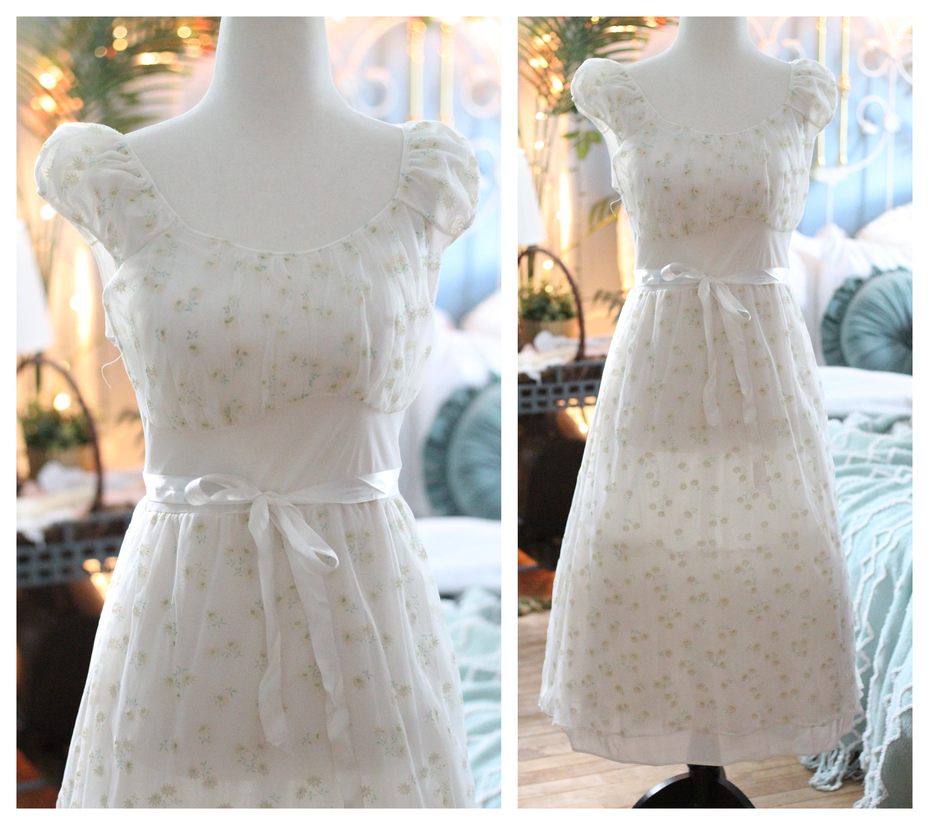 1960s Cap Sleeve Daisy Nightgown / Empire Waist Babydoll Lined Midi Tea ...