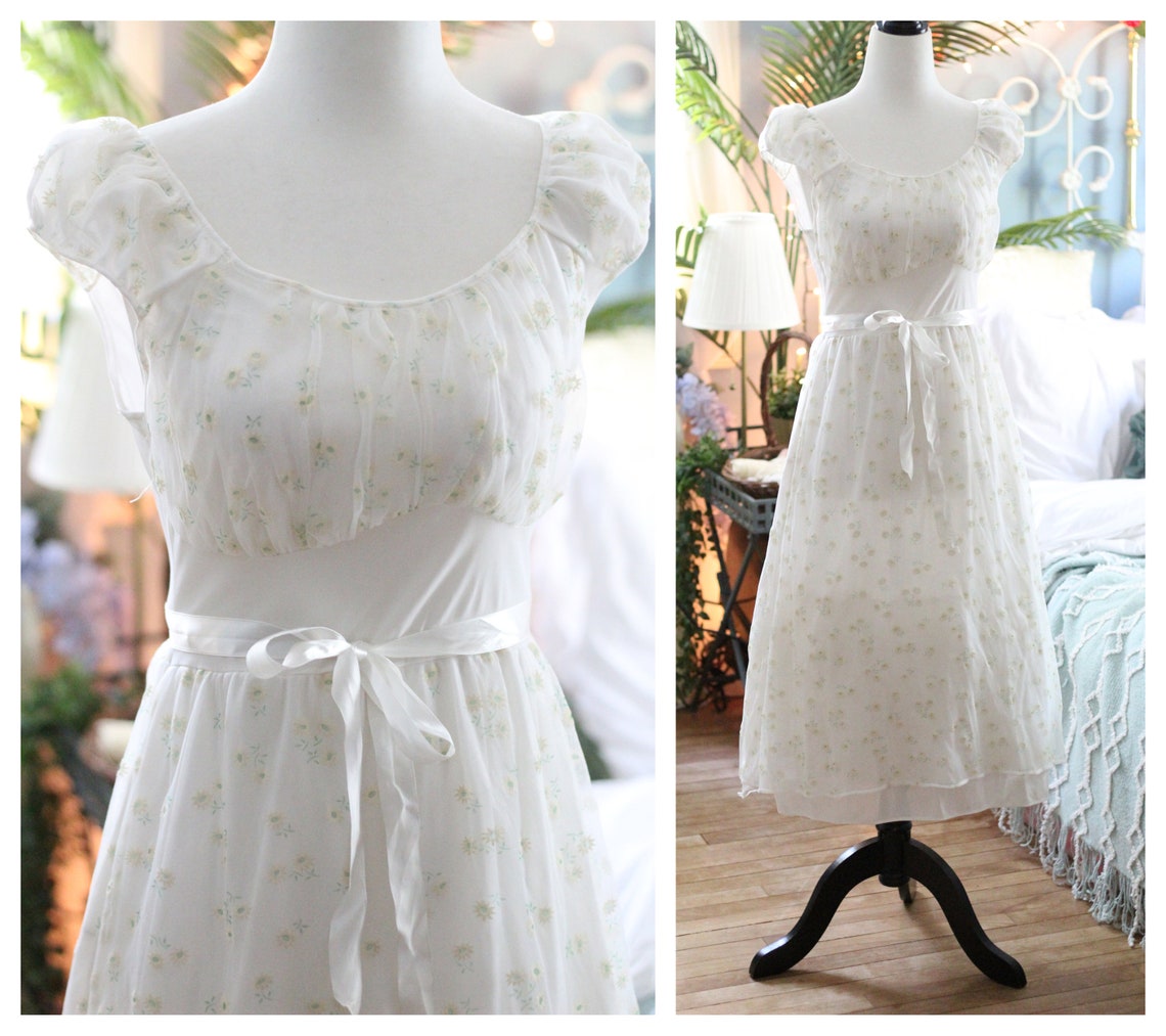 1960s Cap Sleeve Daisy Nightgown / Empire Waist Babydoll Lined Midi Tea ...