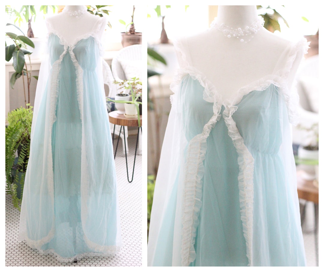 1960s Soft Aqua & White Princess Nightgown / Ruffled Floaty Empire ...