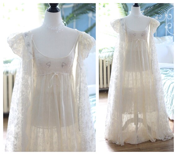 RESERVED - 1960s ivory lace Claire Sandra peignoir se… - Gem