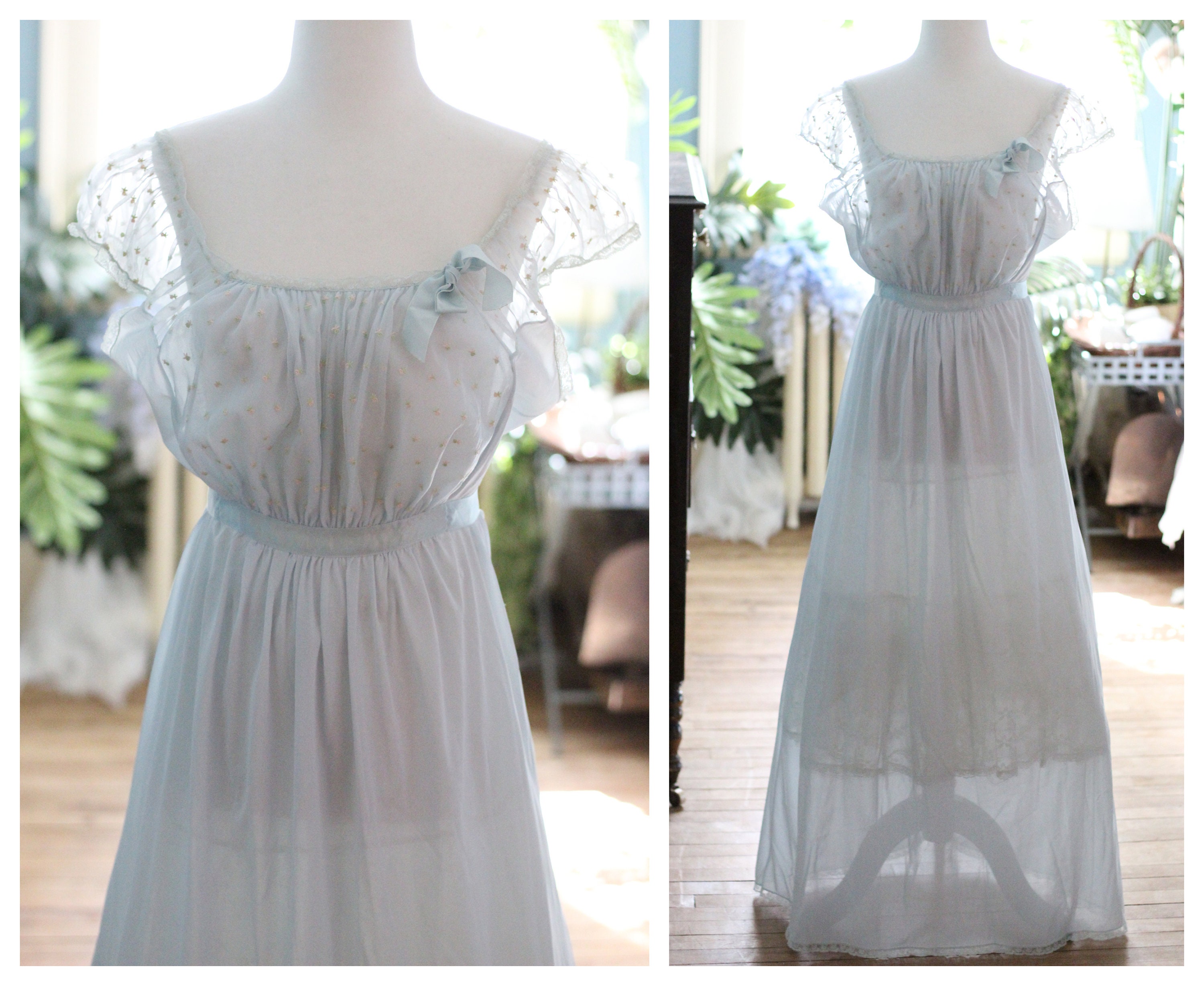 1960s Cinderella Blue Semi Sheer Nightgown / Princess Lingerie Dress ...