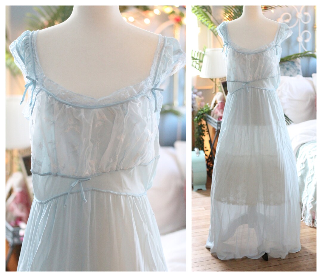1960s Soft Cinderella Blue Floral Nightgown / Cap Sleeve Empire Waist ...