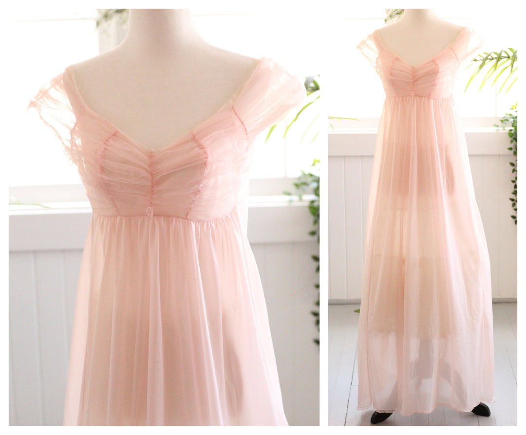 1950s Soft Blush Pink Nightgown Empire Waist Regency Ruched Cap Sleeves ...