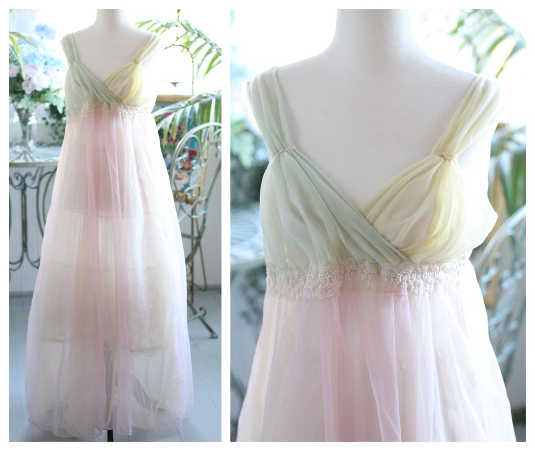 1960s Tri Color Fluffy Pastel Nightgown / Empire Waist Regency Surplice ...