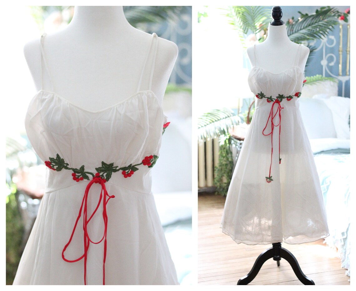 1960s Ivory & Cherry Eyeful Nightgown / Empire Waist Sweeping Babydoll ...