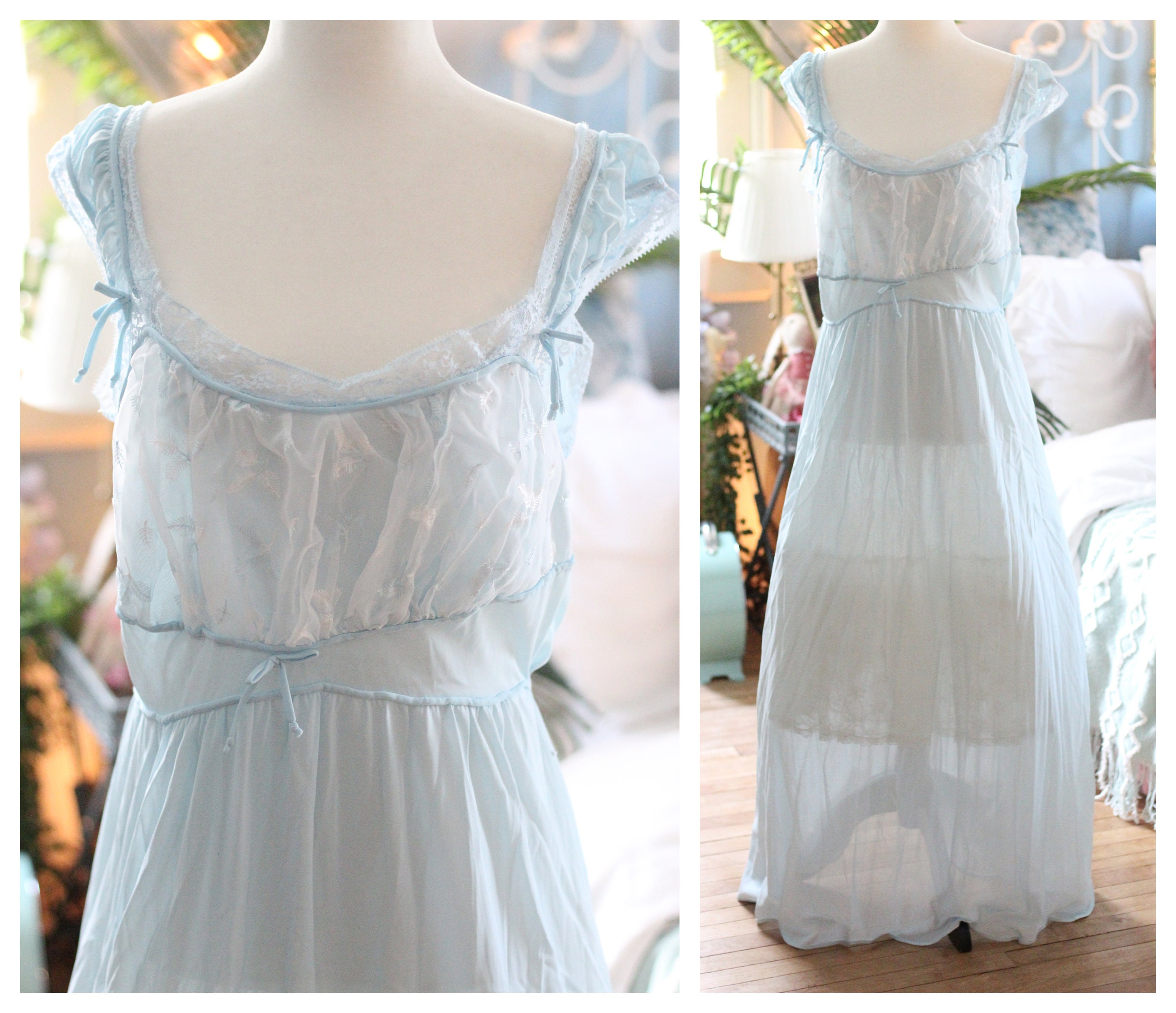 1960s Soft Cinderella Blue Floral Nightgown / Cap Sleeve Empire Waist ...