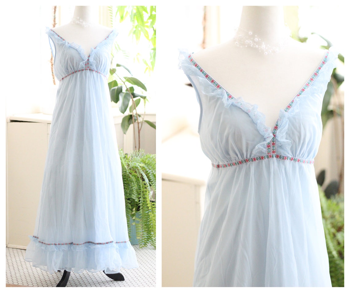 1960s Soft Sky Blue Milkmaid Nightgown / Deep V Empire Waistline ...
