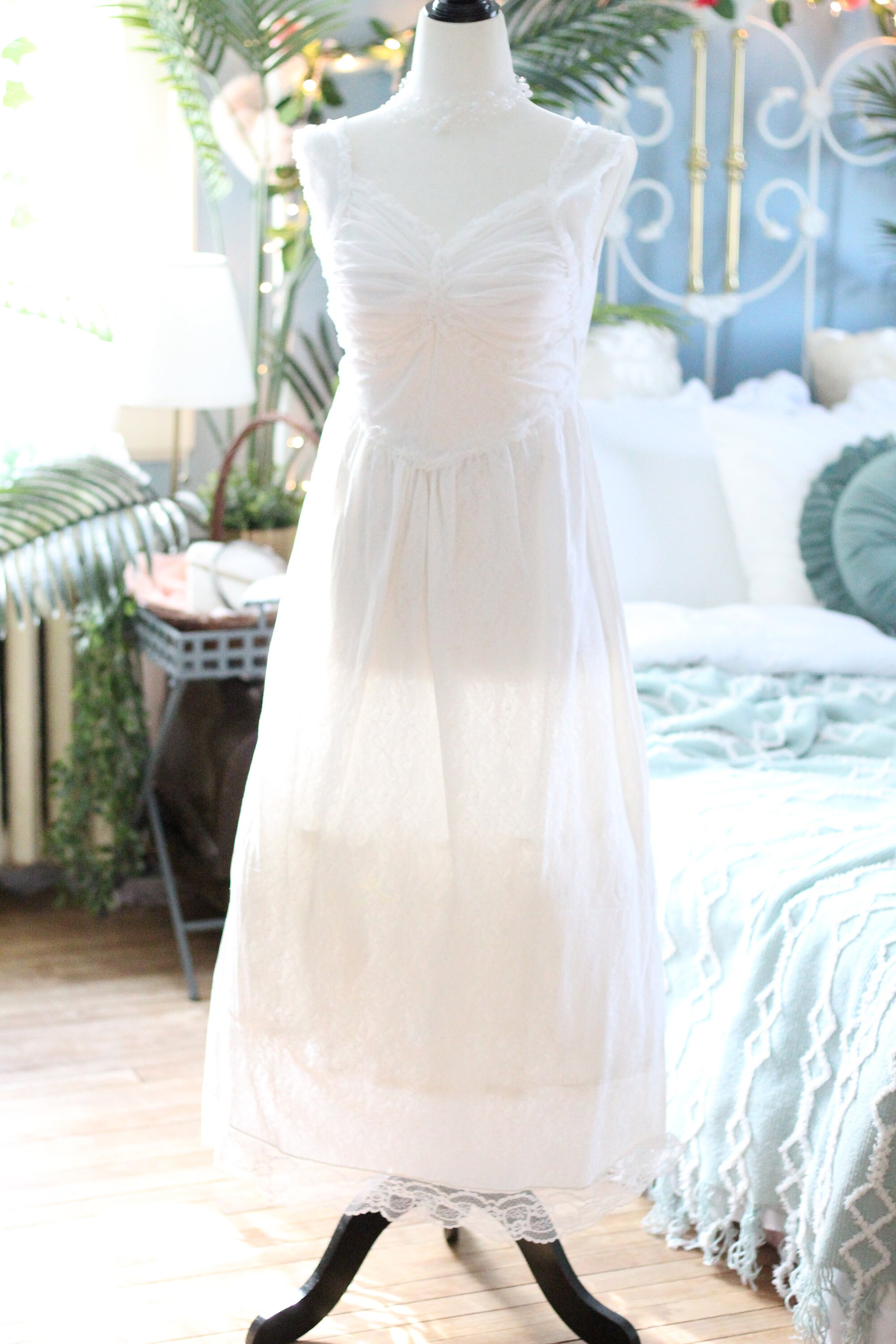 1950s Ruched White Slip Dress / Empire Waist Nightgown Cottagecore ...