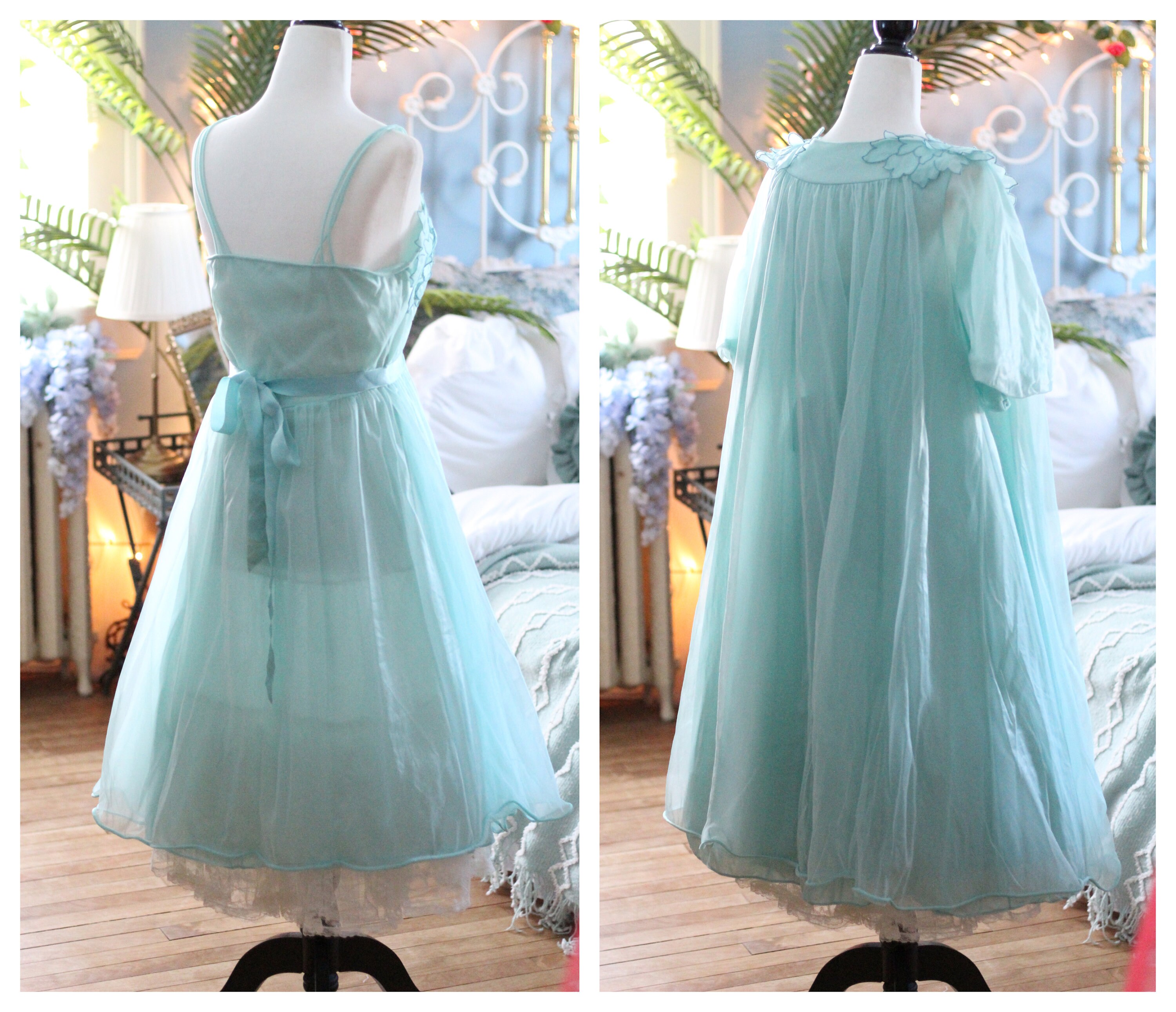 1950s Robin's Egg Blue Floral Grecian Babydoll Peignoir Set / Lingerie ...