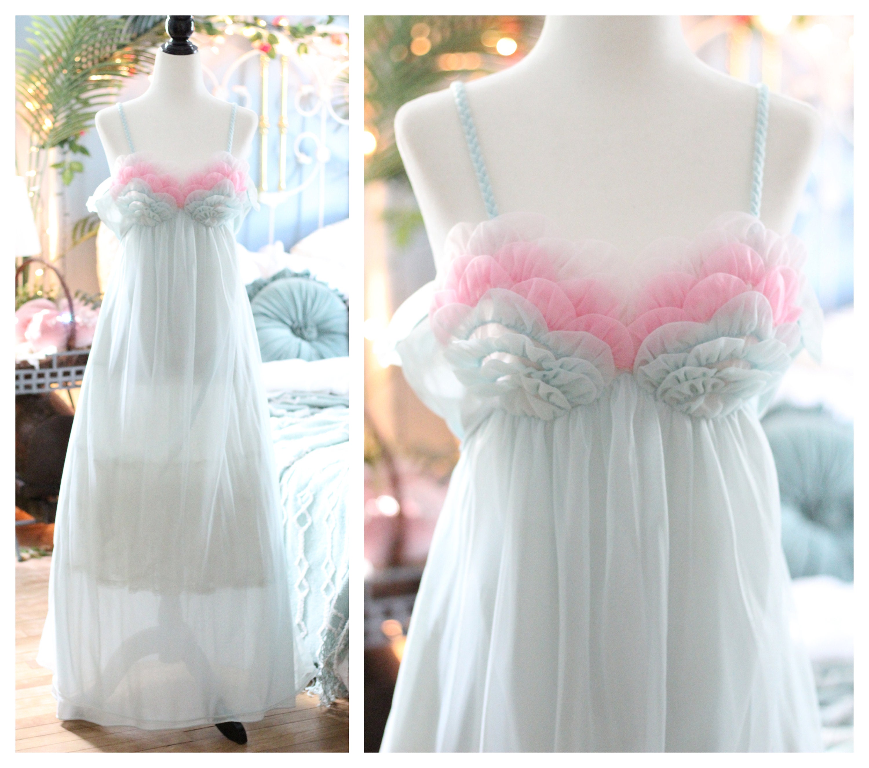 1960s Cotton Candy Pink & Blue Ruffled Bodice Nightgown / Sweetheart ...