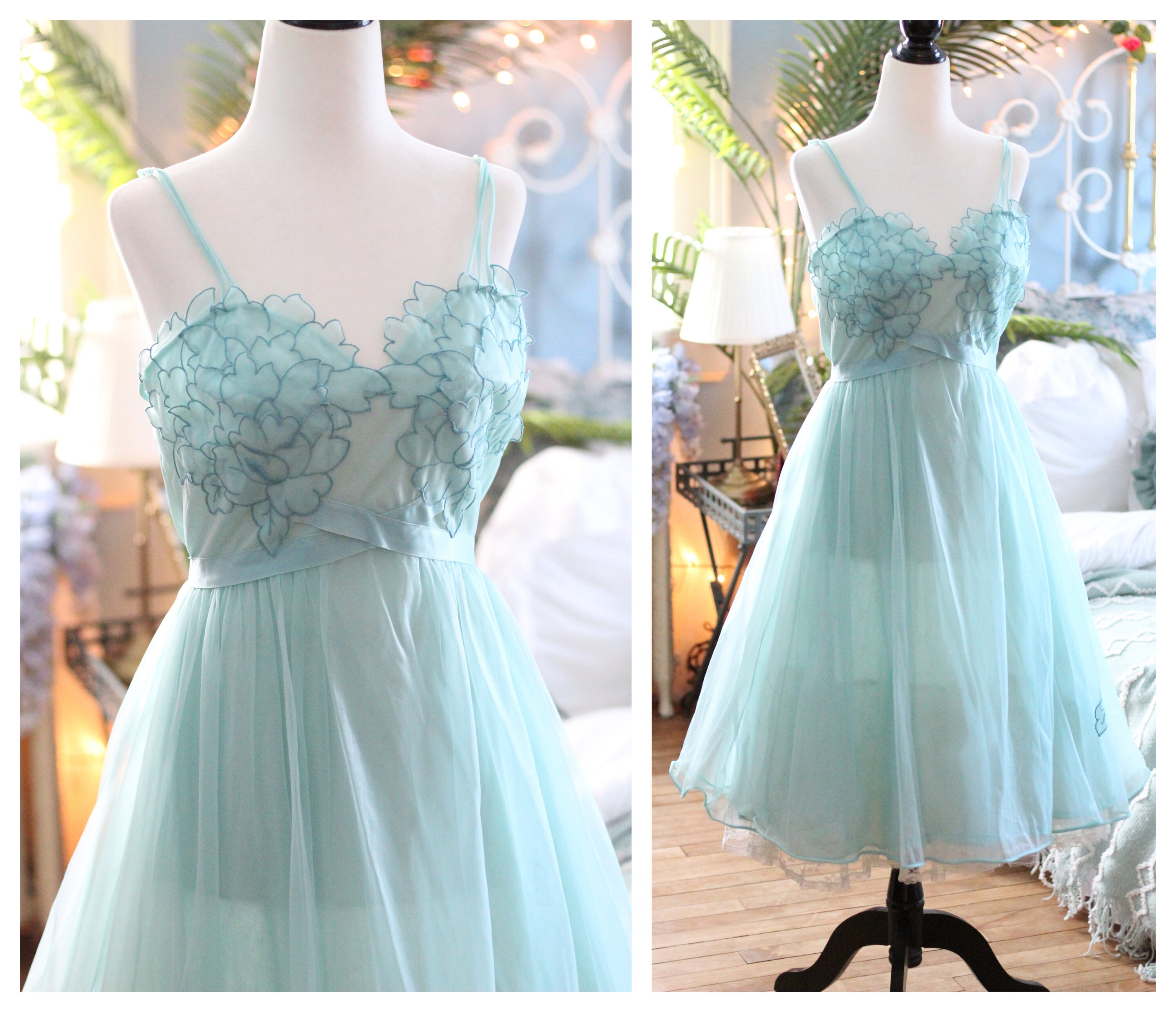 1950s Robin's Egg Blue Floral Grecian Babydoll Peignoir Set / Lingerie ...
