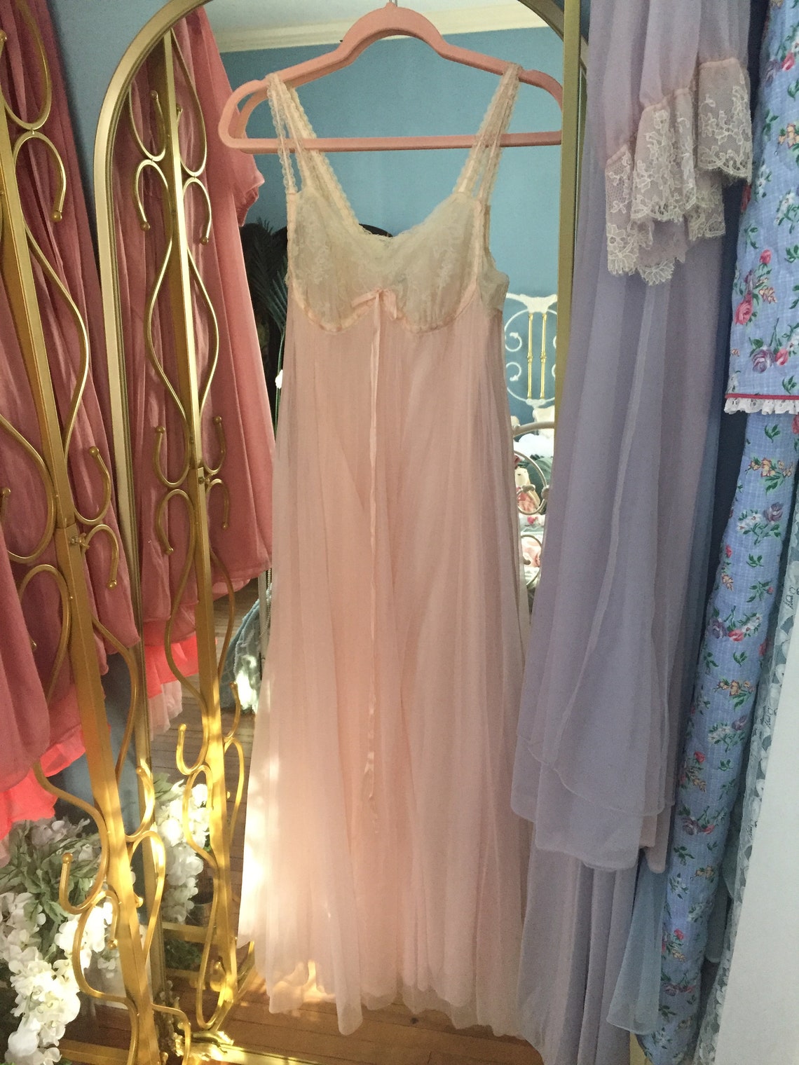 1960s Pink & Ecru Sweeping Length Bustier Babydoll Nightgown / Empire ...