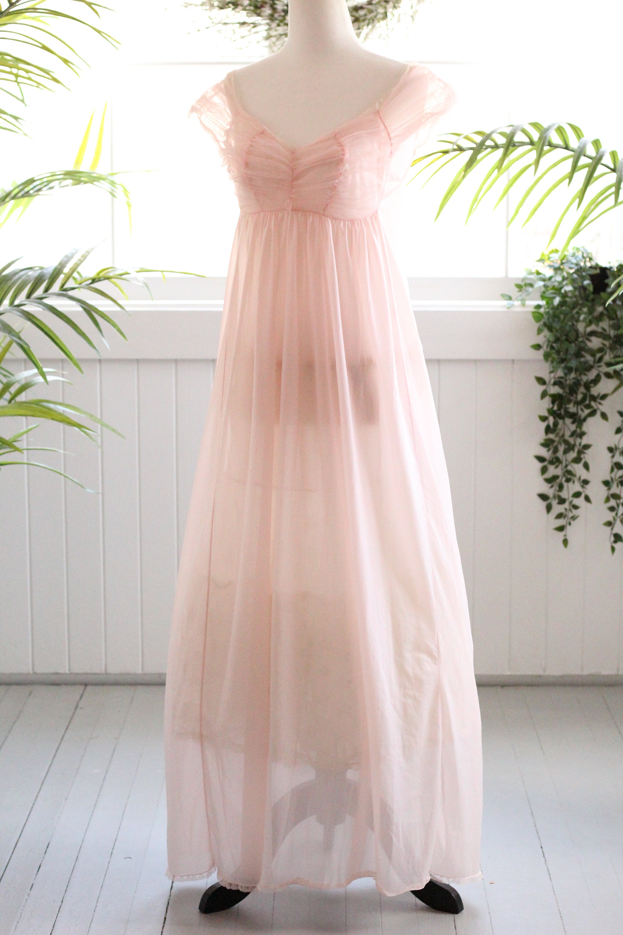 1950s Soft Blush Pink Nightgown Empire Waist Regency Ruched Cap Sleeves ...