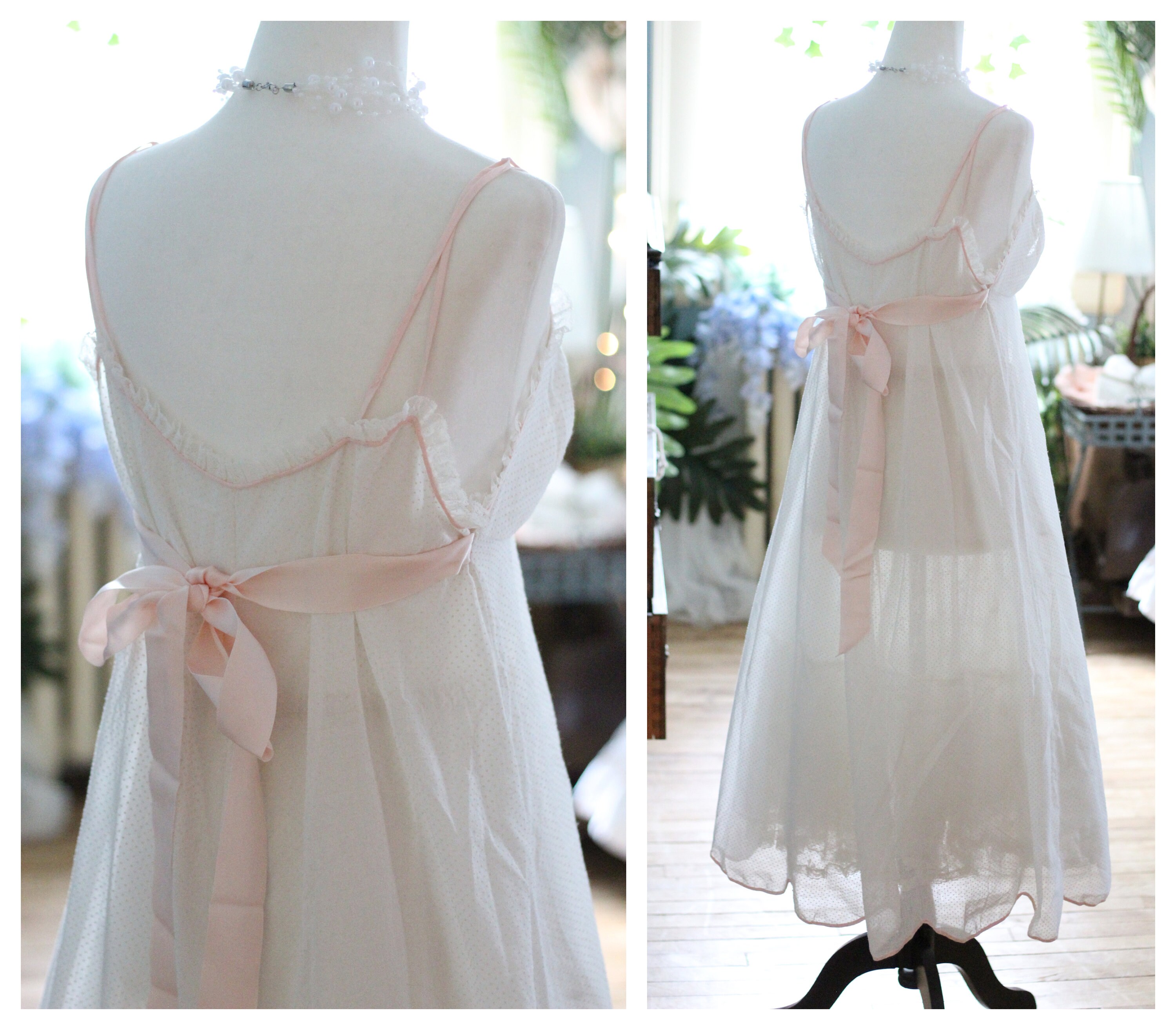 1960s White Swiss Dot Eyeful Babydoll Nightgown / Midi Long Sweeping ...