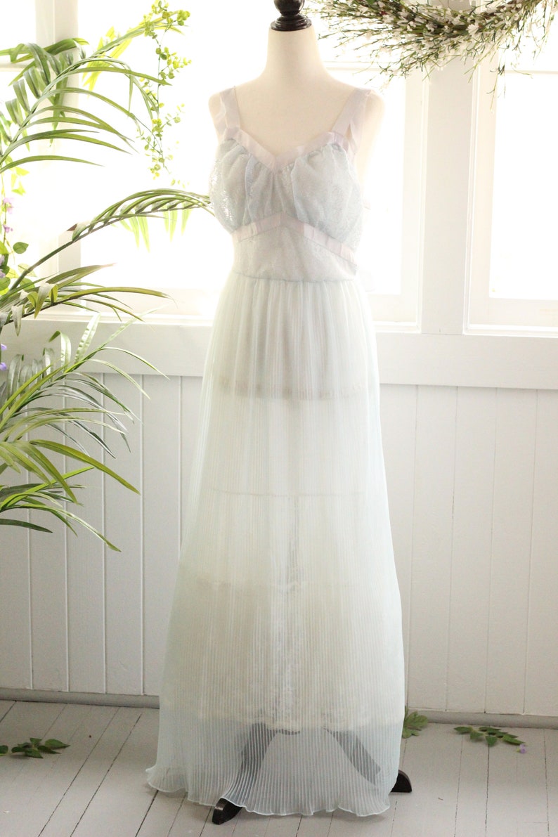 1960s Sky Blue Peignoir Set Pleated Maxi Empire Waist Princess Lingerie ...