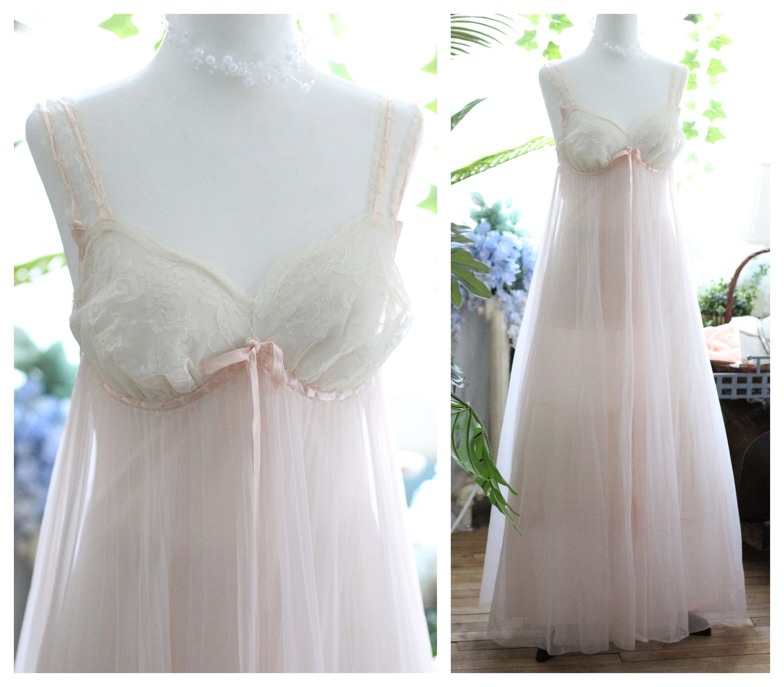 1960s Pink & Ecru Sweeping Length Bustier Babydoll Nightgown / Empire ...