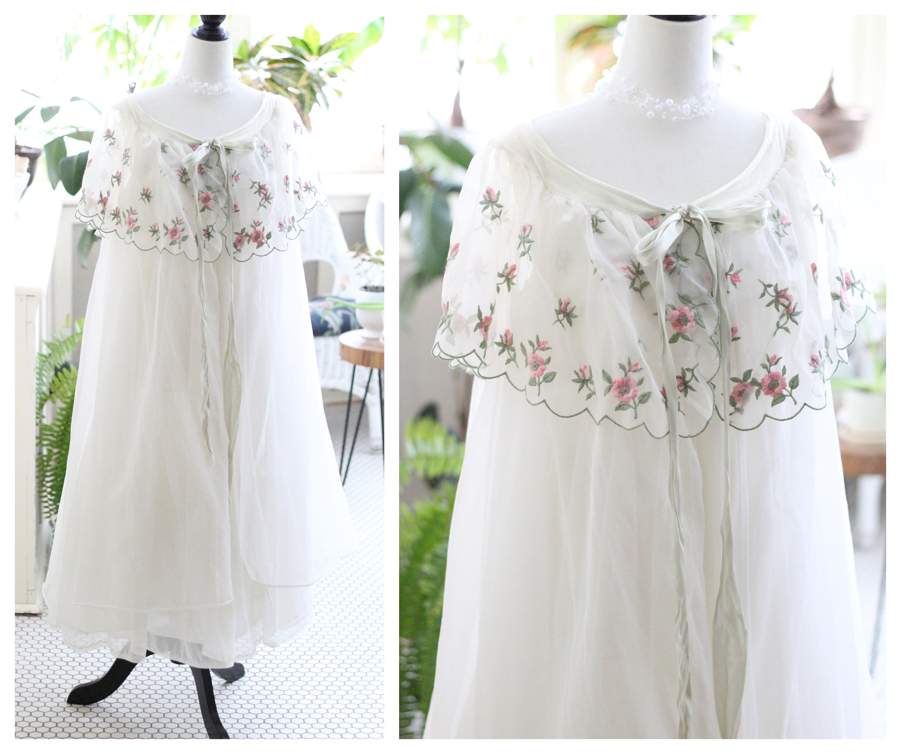 1950s White Floral Schiaparelli Peignoir Set / Caped Robe Empire Waist ...