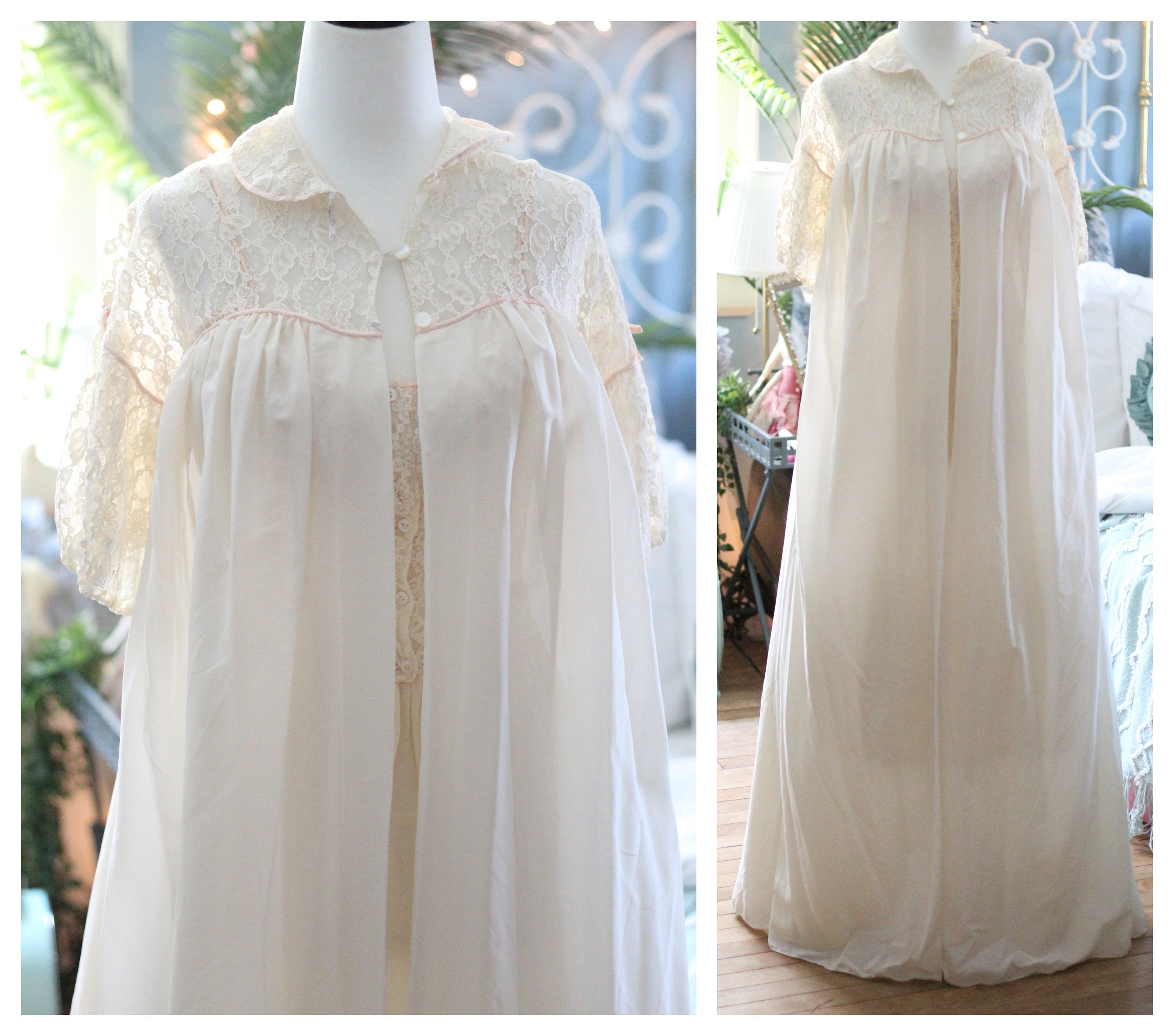 1960s Eyeful by the Flaums Ivory & Pink Peignoir Set / Lace Bodice ...