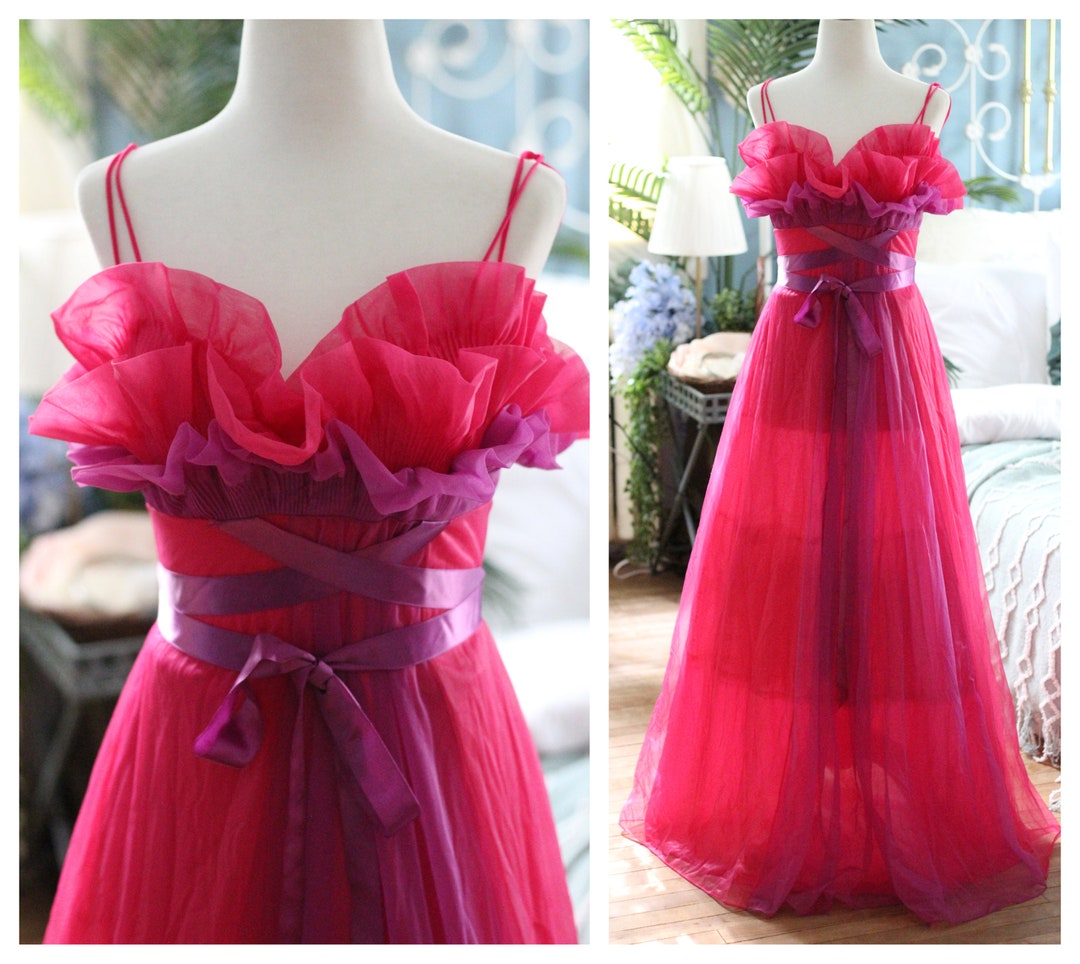 1950s Vanity Fair Two Tone Pink Purple Ruffle Bust Maxi Nightgown ...