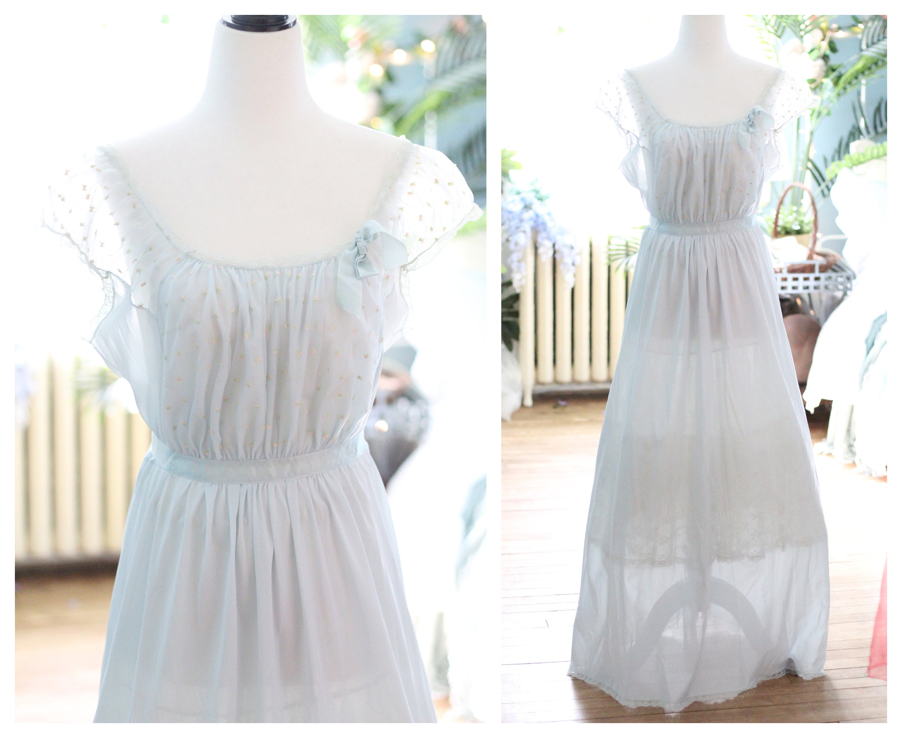1960s Cinderella Blue Semi Sheer Nightgown / Princess Lingerie Dress ...