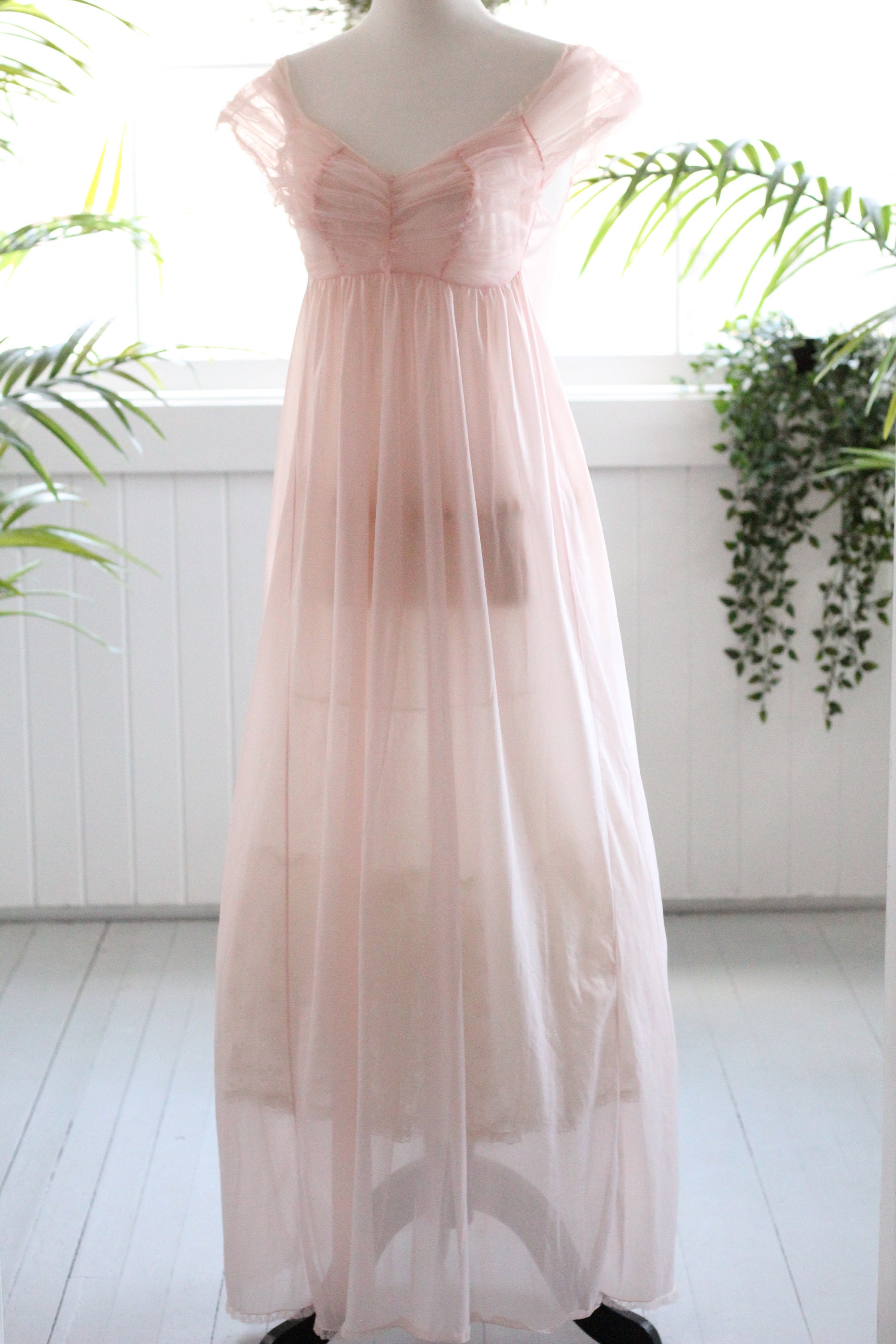 1950s Soft Blush Pink Nightgown Empire Waist Regency Ruched Cap Sleeves ...
