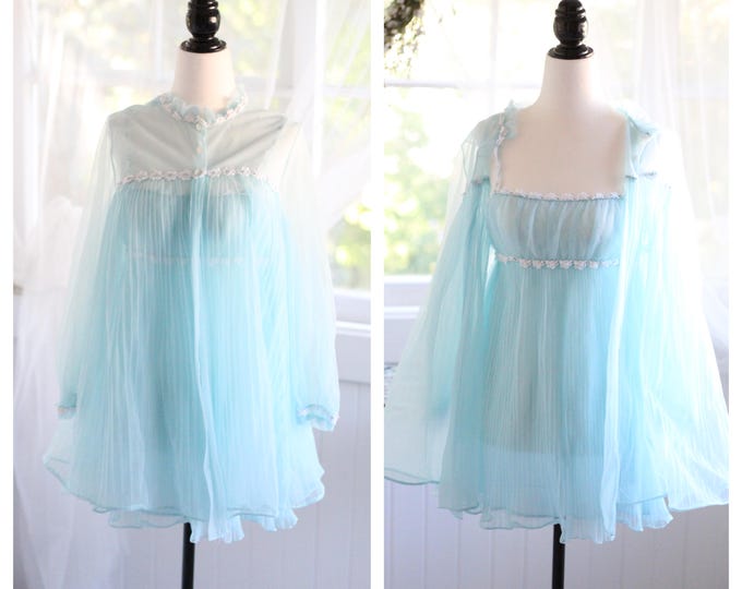 1960s Sky Blue Crochet Trimmed Pleated Babydoll Set / Peignoir ...
