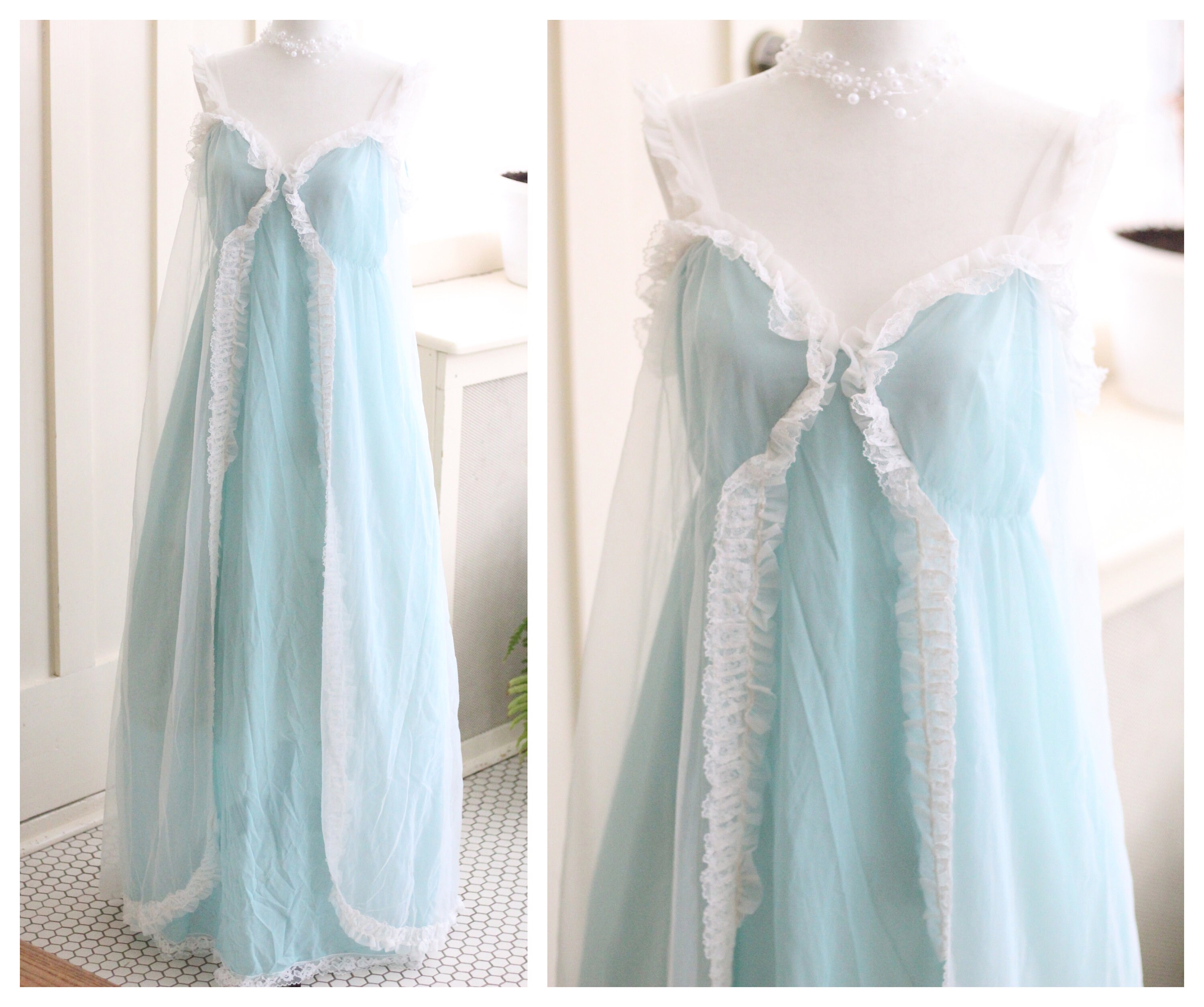 1960s Soft Aqua & White Princess Nightgown / Ruffled Floaty - Etsy