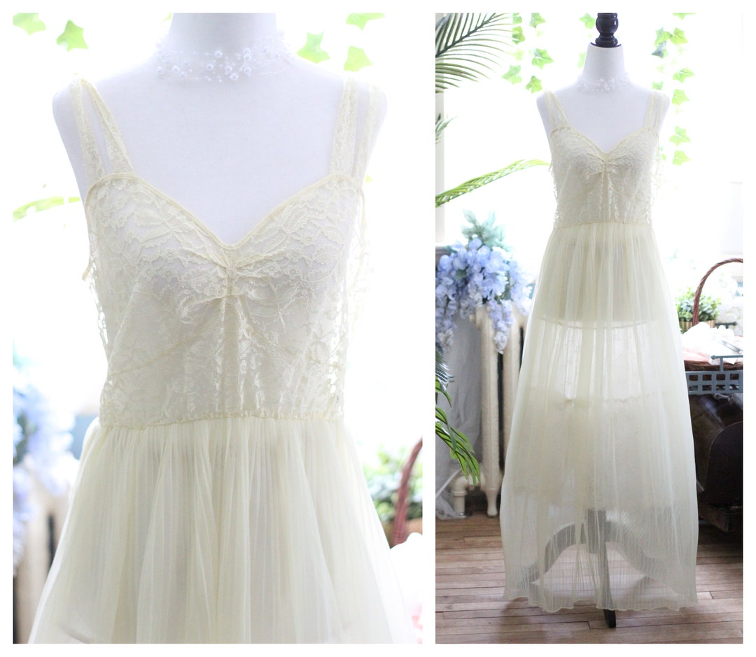 1960s Soft Yellow Semi Sheer Nightgown / Long Accordian Pleated Maxi ...