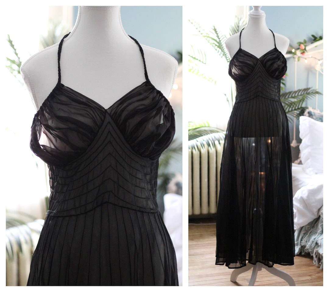 1950s Black V Neck Nightgown / Long Maxi Old Hollywood Lingerie Gown ...
