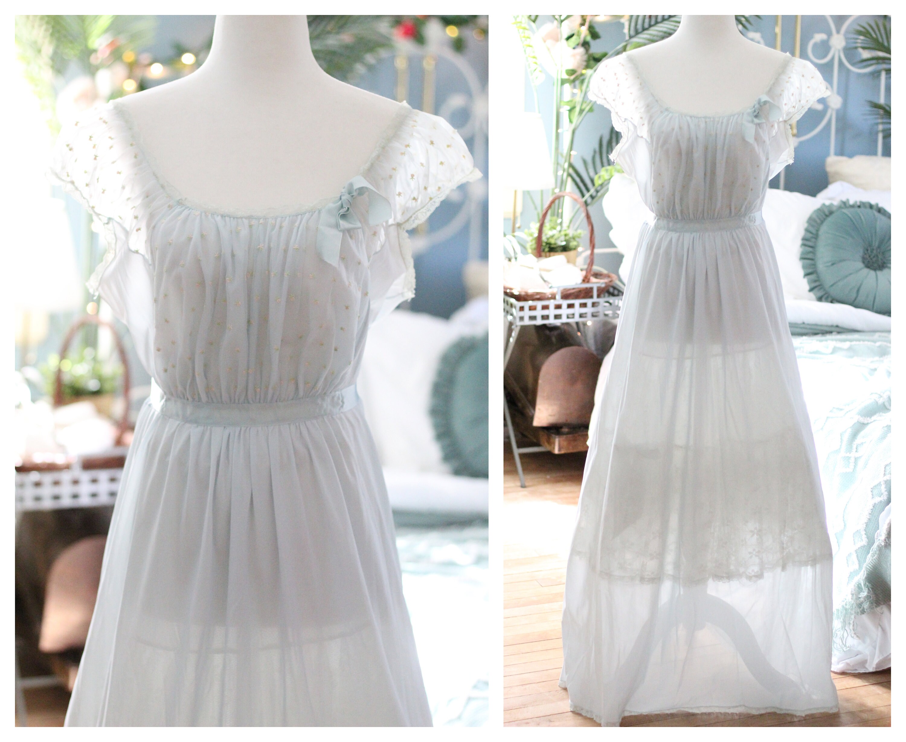 1960s Cinderella Blue Semi Sheer Nightgown / Princess Lingerie Dress ...