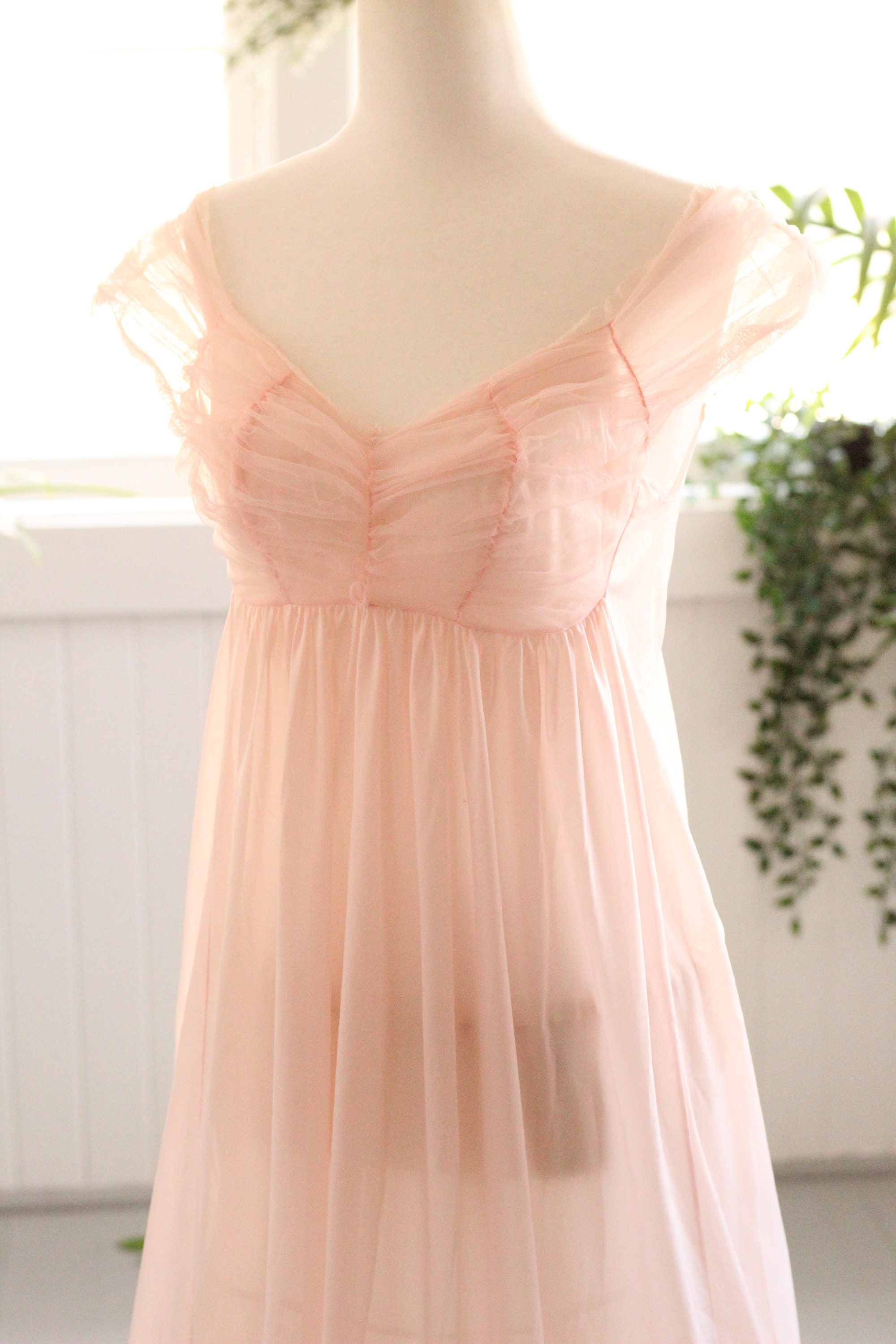 1950s Soft Blush Pink Nightgown Empire Waist Regency Ruched Cap Sleeves ...