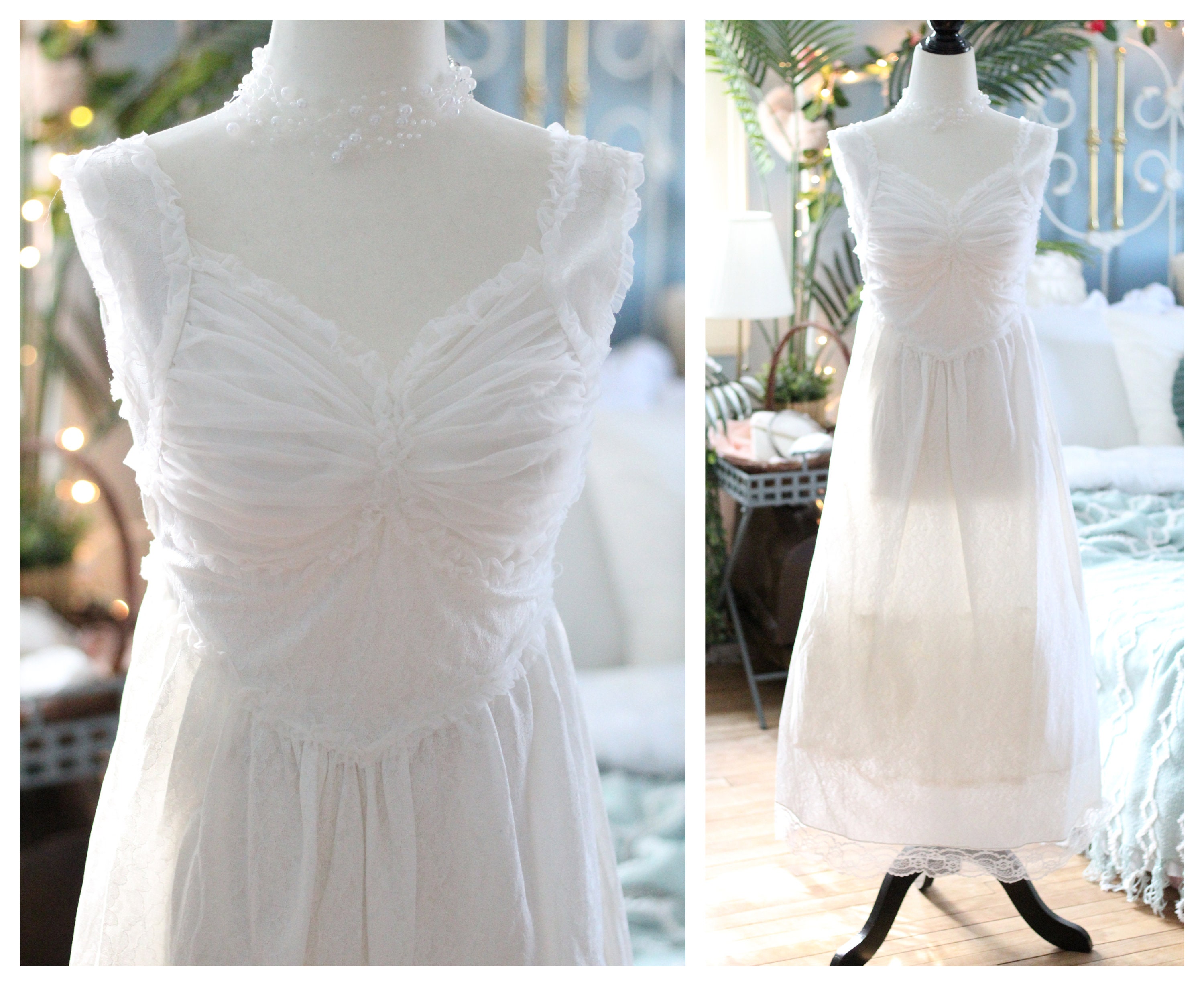 1950s Ruched White Slip Dress / Empire Waist Nightgown Cottagecore ...
