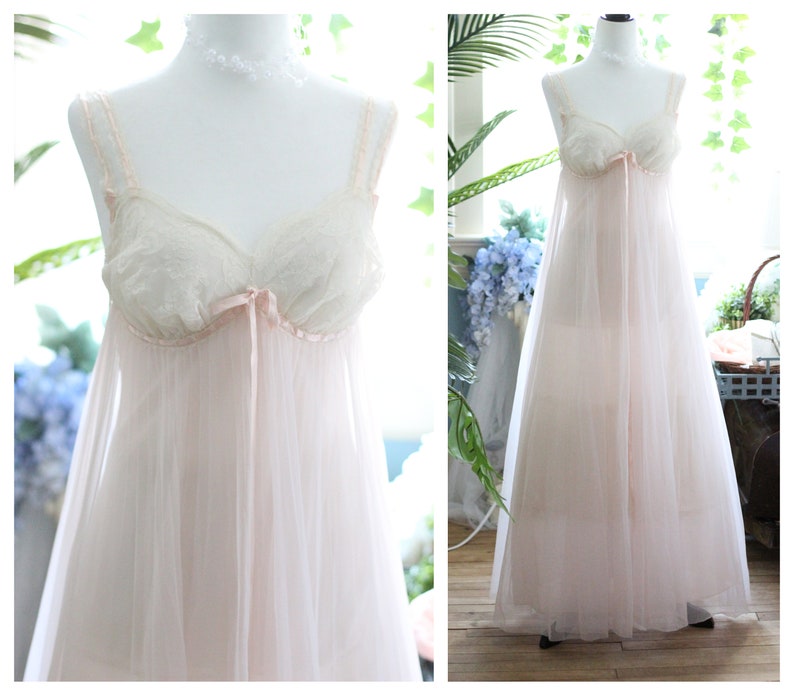 1960s Pink & Ecru Sweeping Length Bustier Babydoll Nightgown / Empire ...